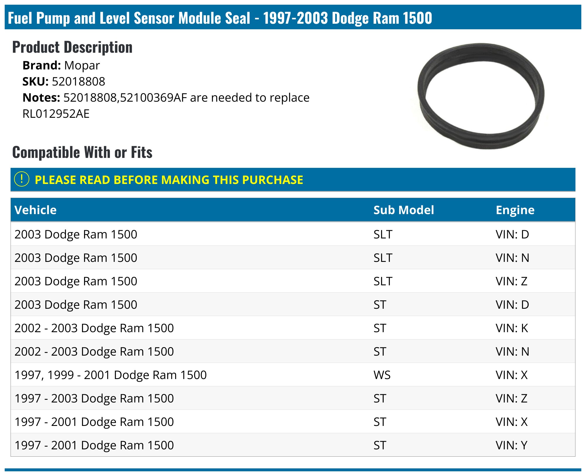 1997-2003 Dodge Ram 1500 Fuel Pump - Mopar 52018808 - PartsGeek.com