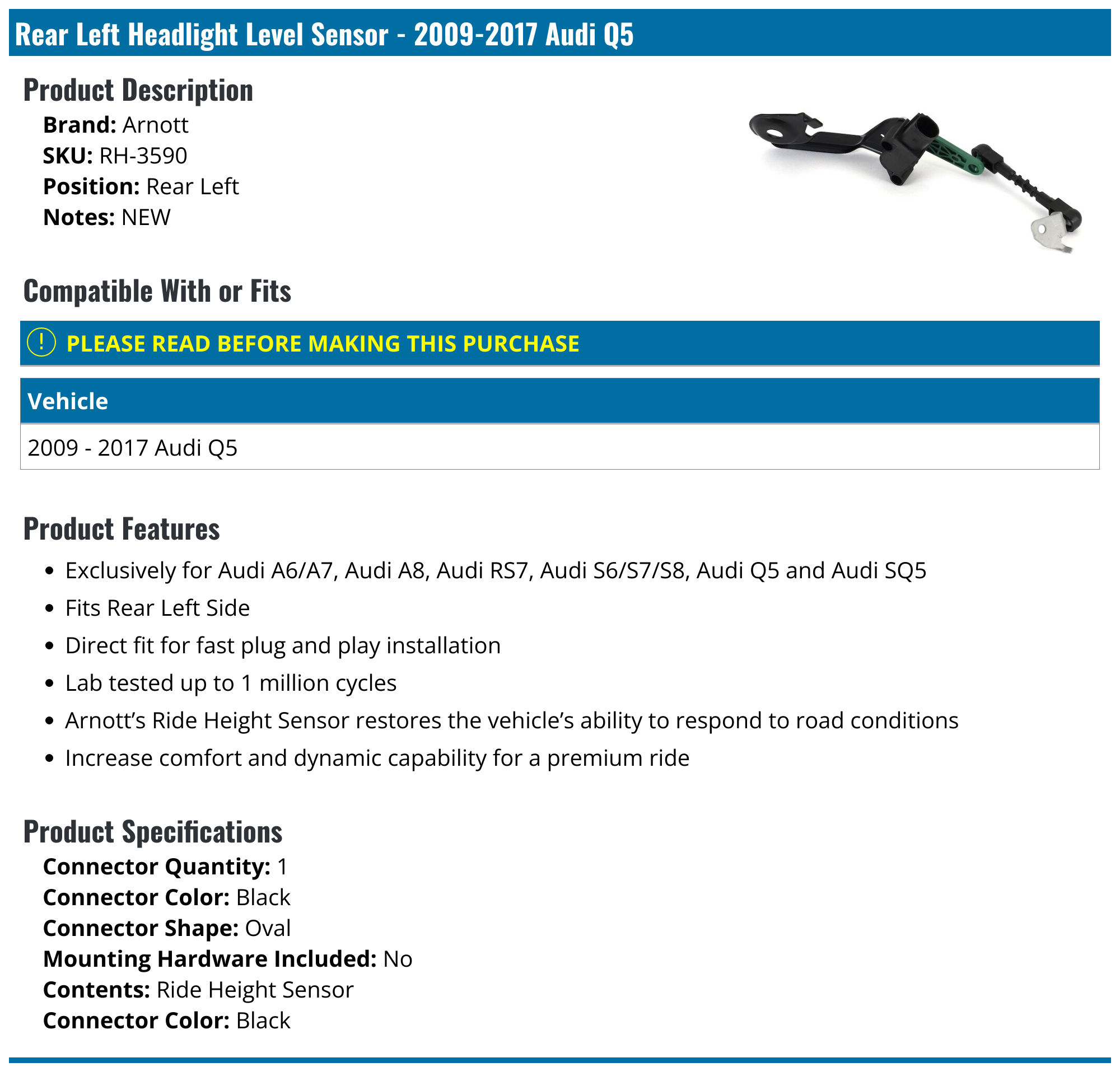 2009-2017 Audi Q5 Headlight Level Sensor - Arnott RH-3590 - Rear Left ...