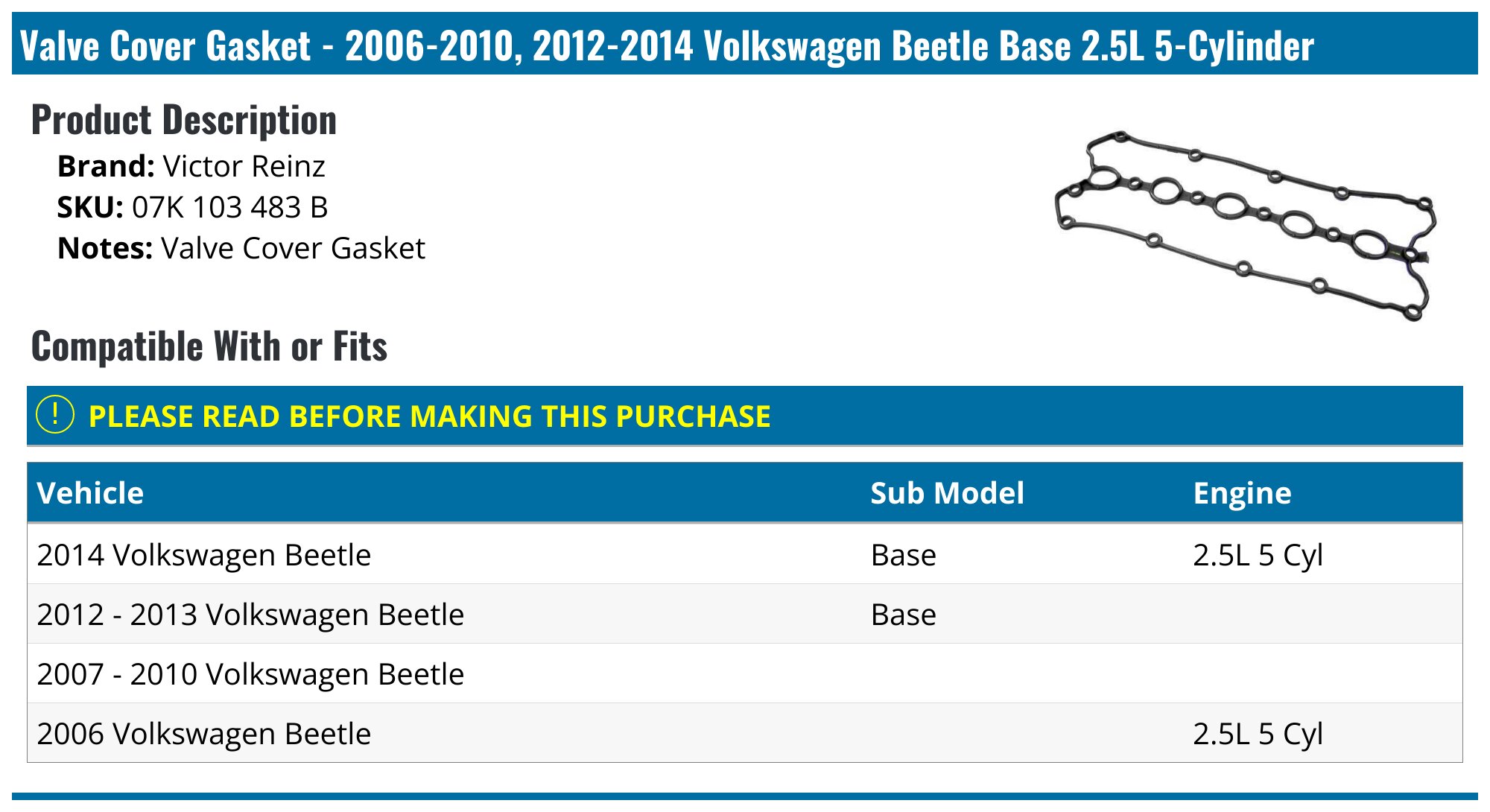 2006-2010, 2012-2014 Volkswagen Beetle Valve Cover Gasket - Victor ...