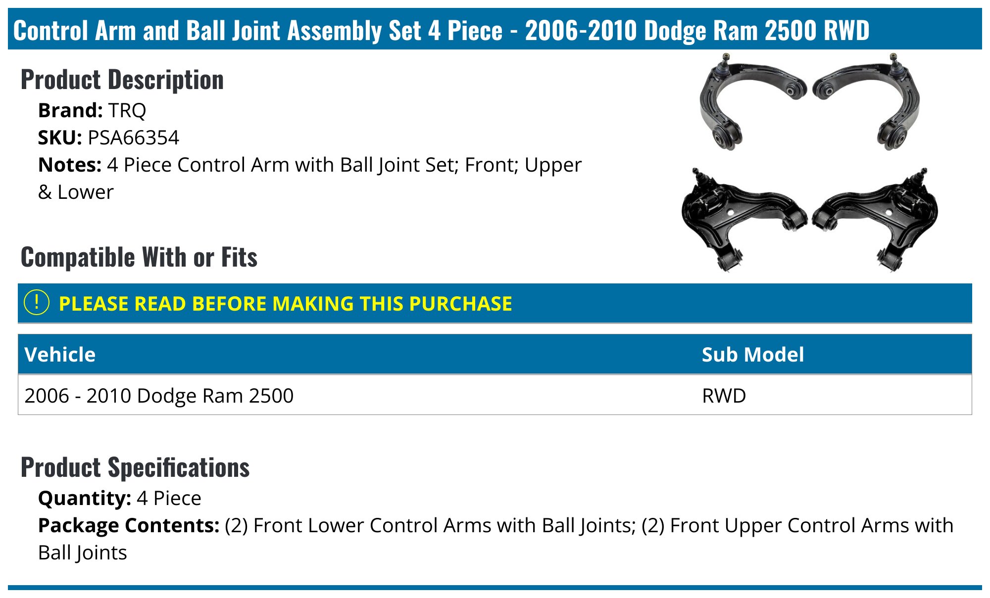 2006-2010 Dodge Ram 2500 Control Arm - TRQ PSA66354 - Front - PartsGeek.com