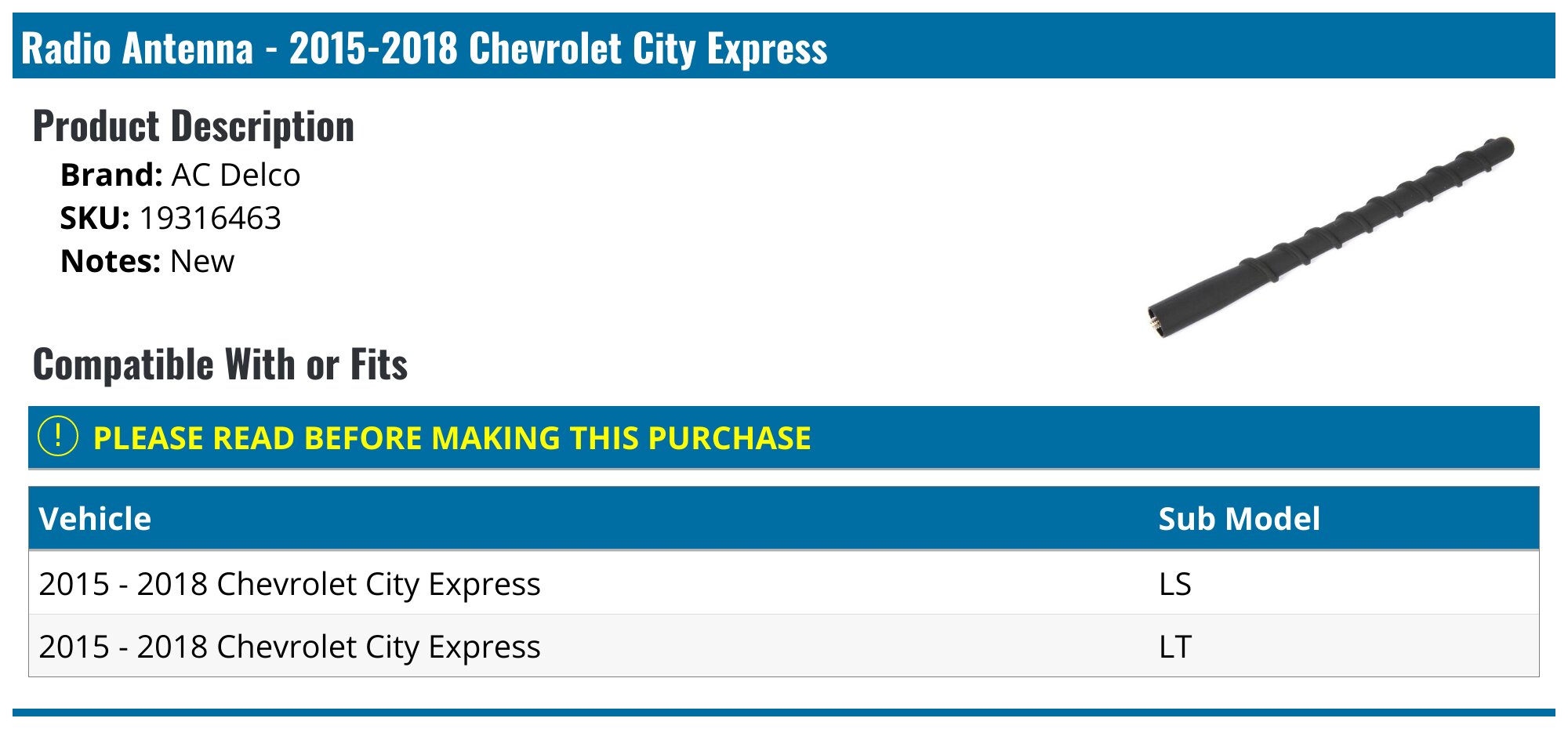 2015-2018 Chevrolet City Express Radio Antenna - AC Delco 19316463 ...