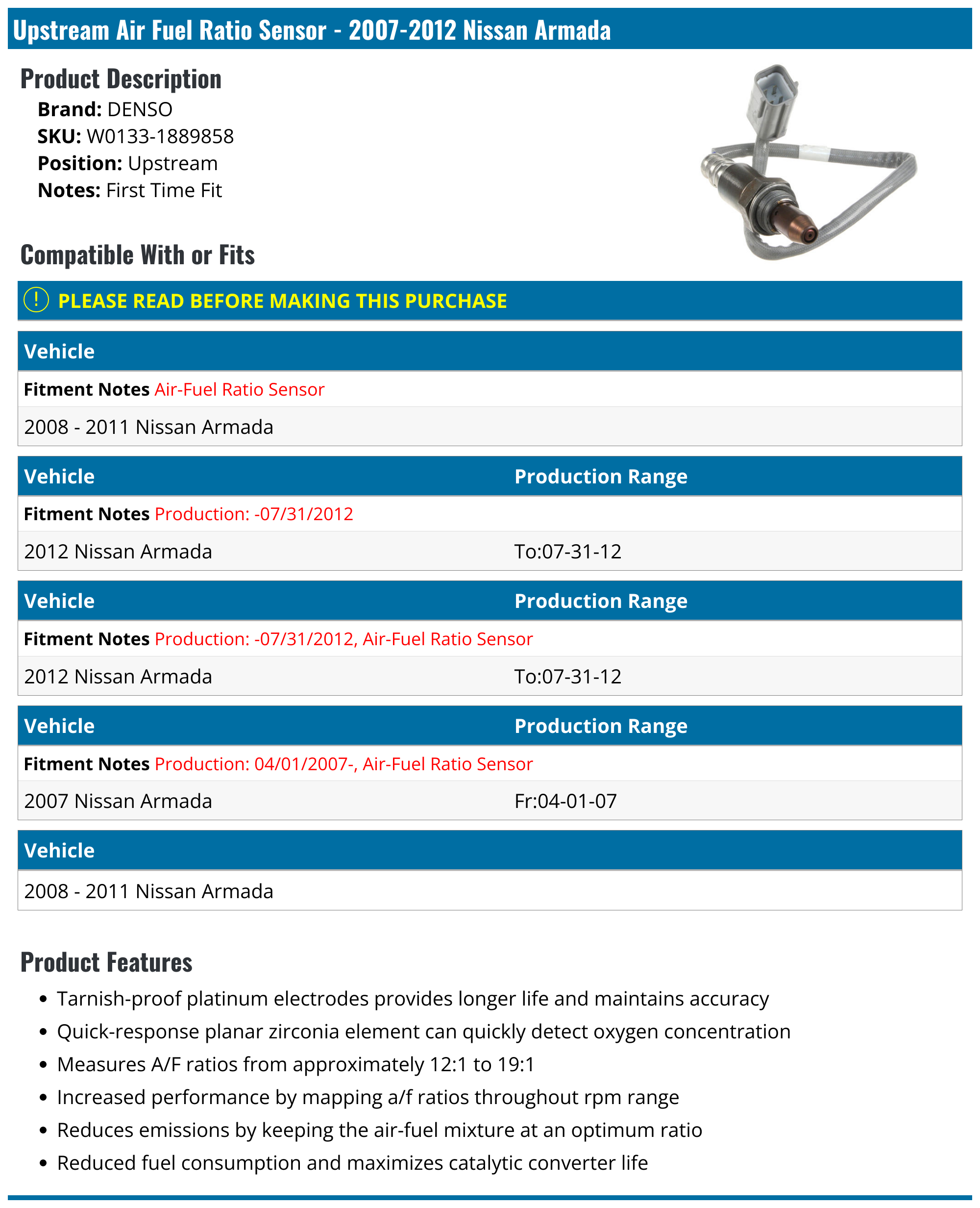 2007-2012 Nissan Armada Oxygen Sensor - Denso W0133-1889858 - Upstream ...