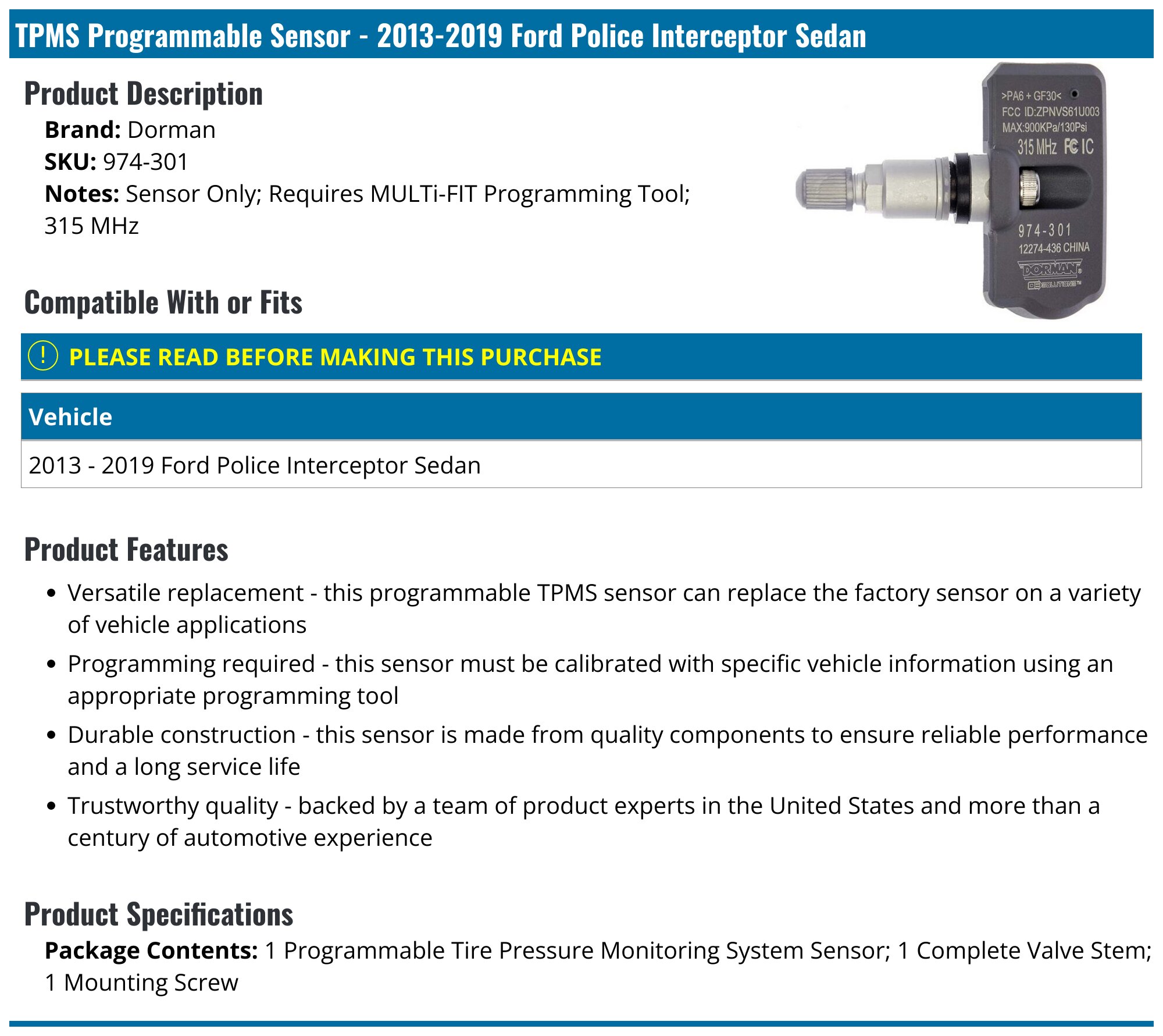 2013-2019 Ford Police Interceptor Sedan Tire Pressure Monitoring Sensor ...