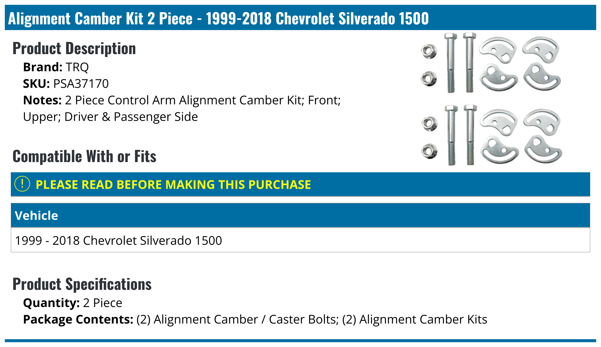 1999-2018 Chevrolet Silverado 1500 Alignment Camber Kit - TRQ PSA37170 ...