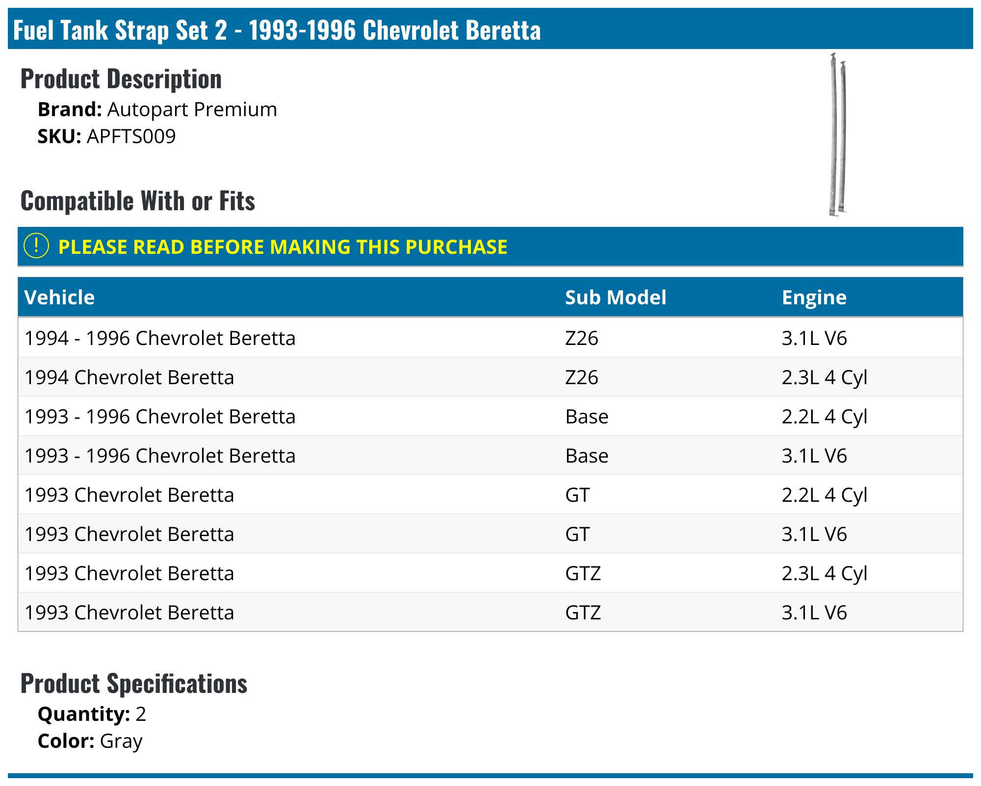 1993-1996 Chevrolet Beretta Fuel Tank Strap - Autopart Premium APFTS009 ...