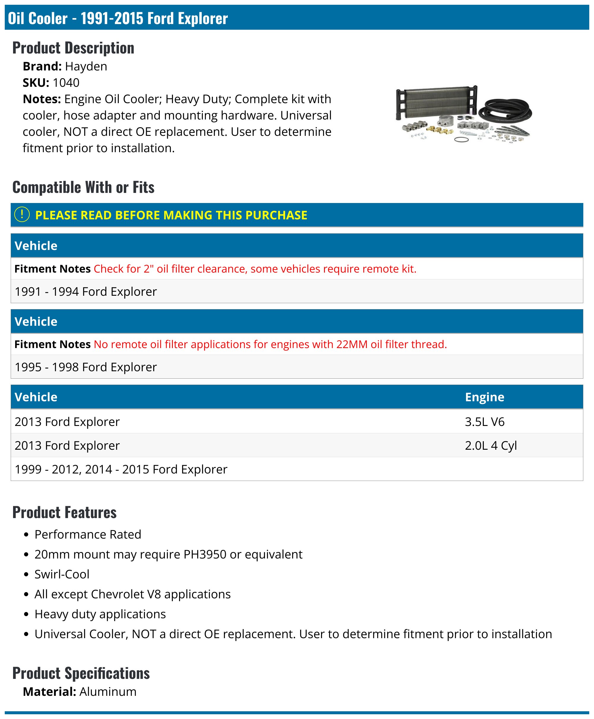 1991-2015 Ford Explorer Oil Cooler - Hayden 1040 - PartsGeek.com