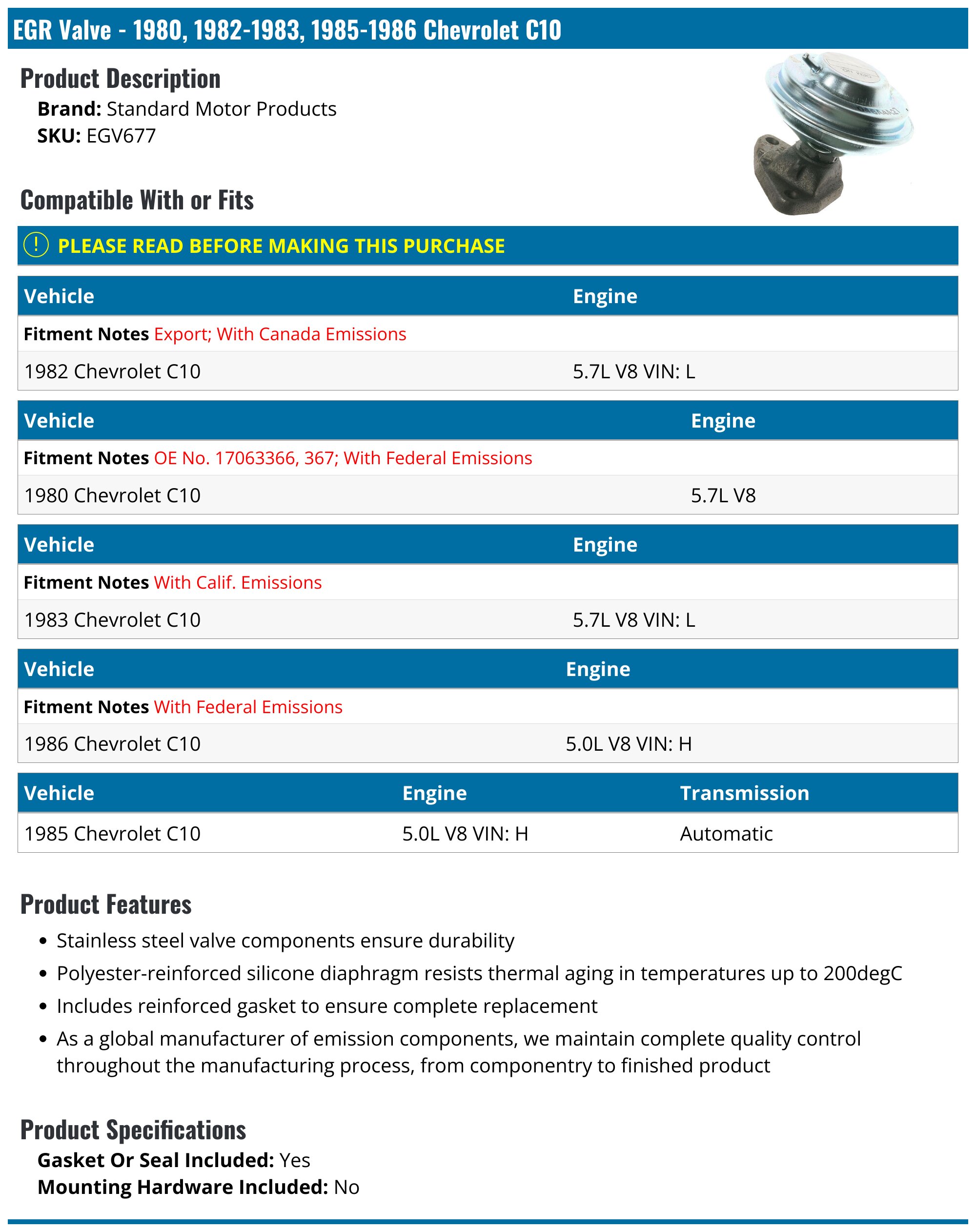 1980, 1985-1986 Chevrolet C10 EGR Valve - Standard Motor Products ...