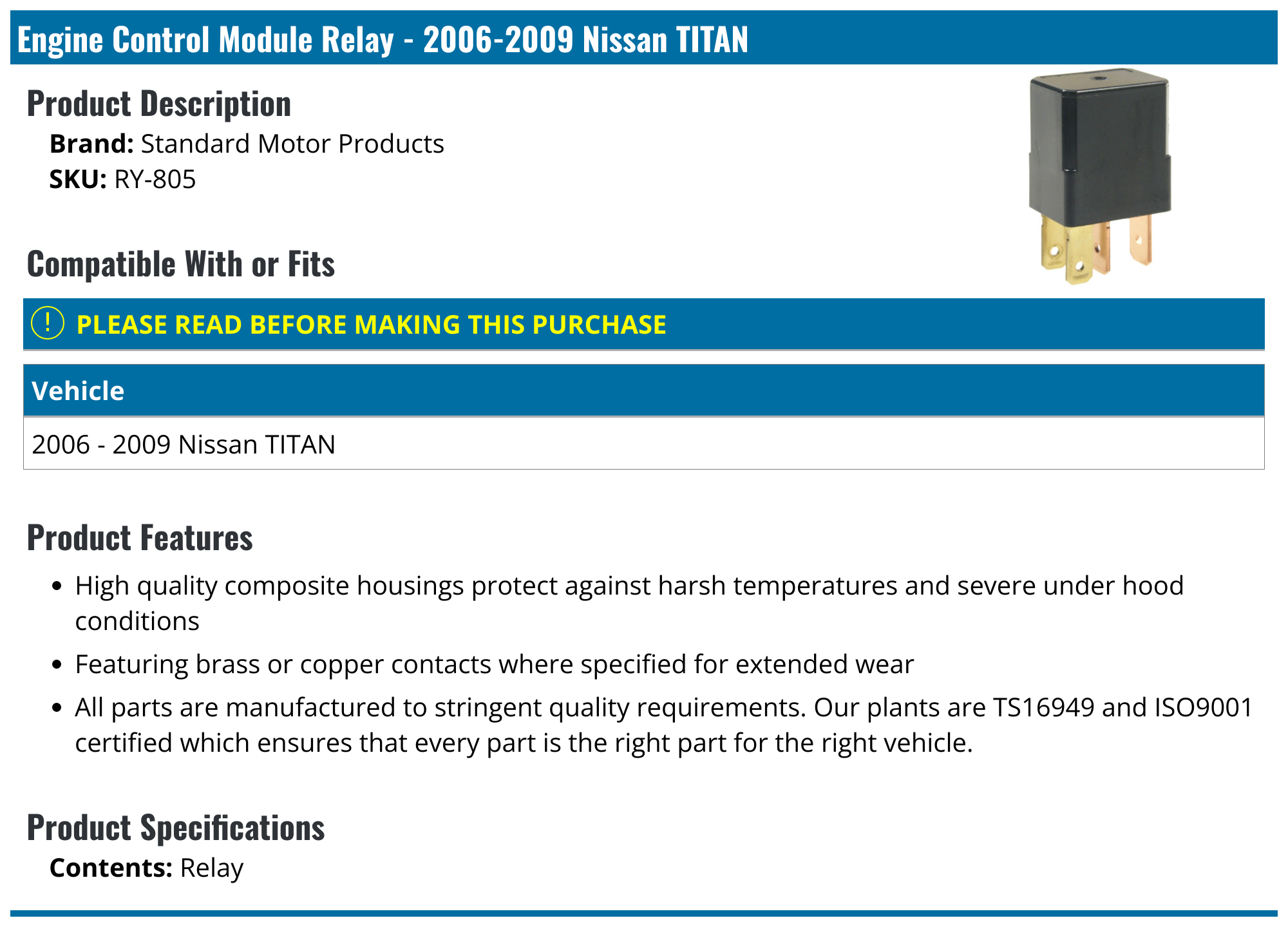 2006-2009 Nissan Titan Engine Control Module Relay - Standard Motor ...