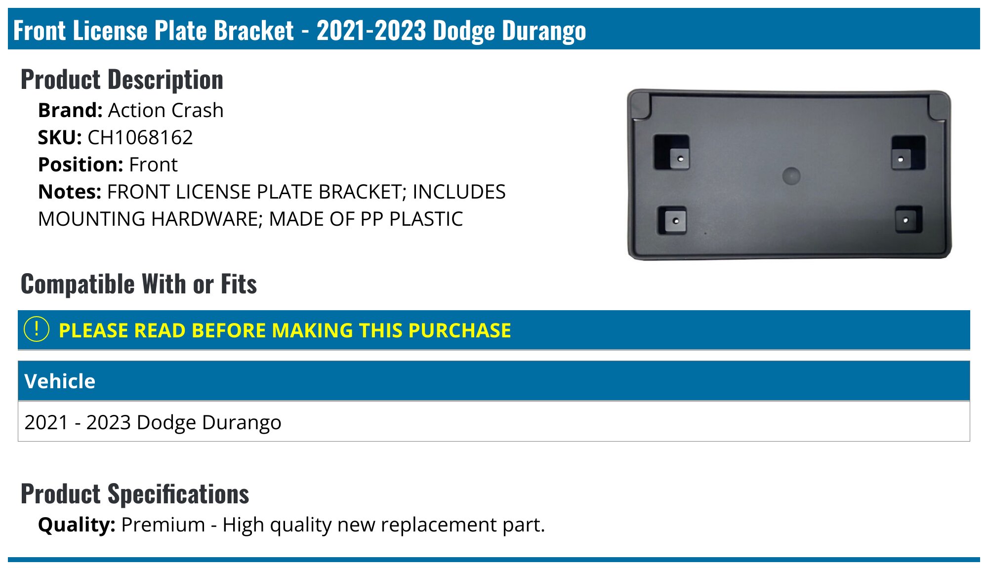 2021-2026 Dodge Durango License Plate Bracket - Action Crash CH1068162 ...