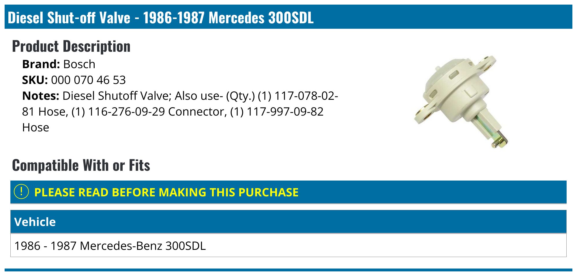 1986-1987 Mercedes 300SDL Diesel Shut-off Valve - Bosch 000 070 46 53 ...