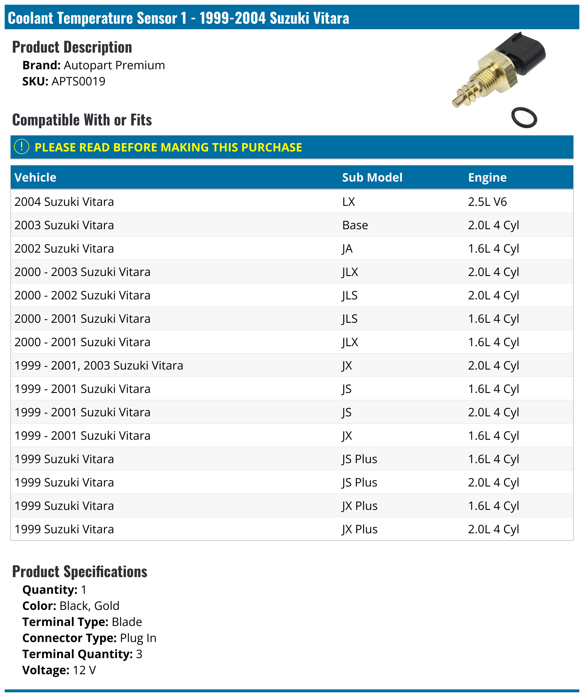 1999-2004 Suzuki Vitara Engine Coolant Temperature Sensor - Autopart ...