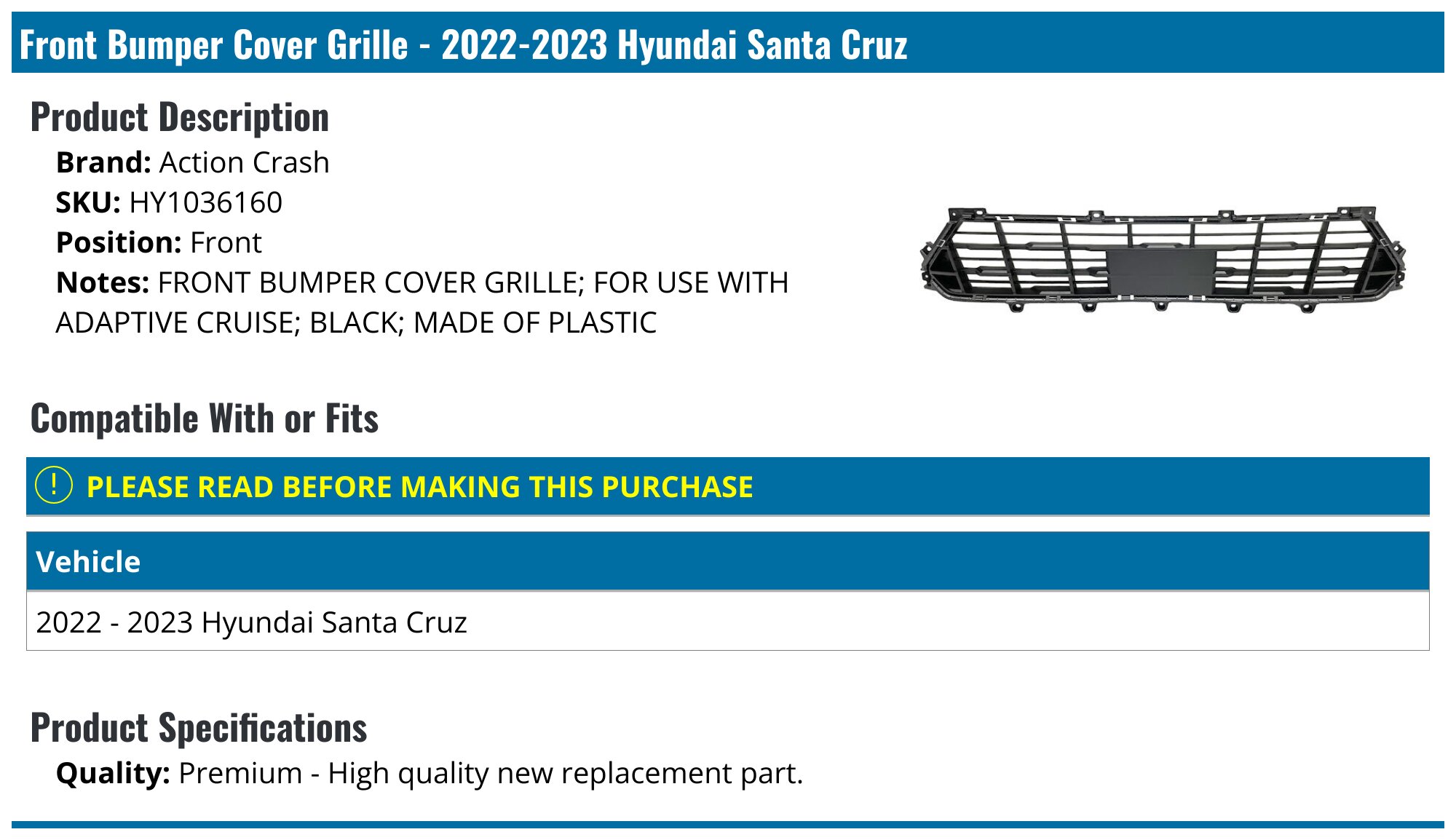 2022-2024 Hyundai Santa Cruz Bumper Cover Grille - Action Crash ...