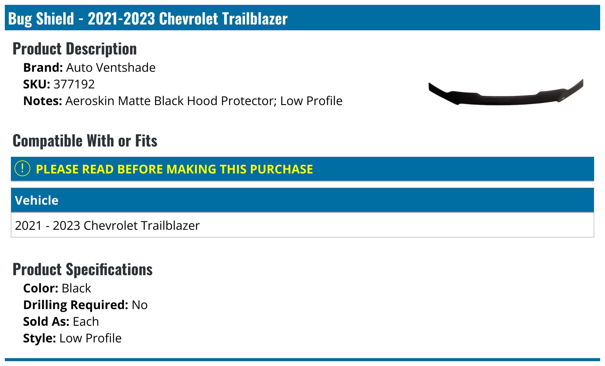 2021-2025 Chevrolet Trailblazer Bug Shield - Auto Ventshade 377192 ...