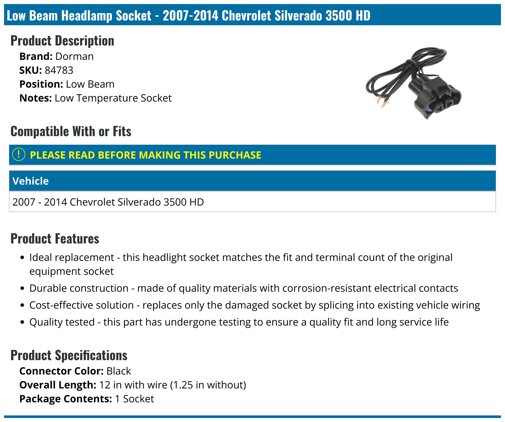 2007-2014 Chevrolet Silverado 3500 HD Headlamp Socket - Dorman 84783 ...