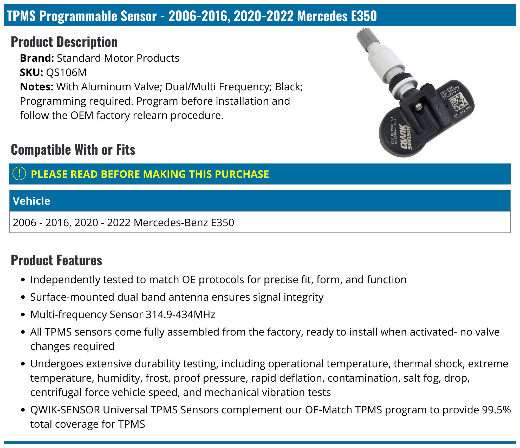 2006-2016, 2020-2022 Mercedes E350 Tire Pressure Monitoring Sensor ...