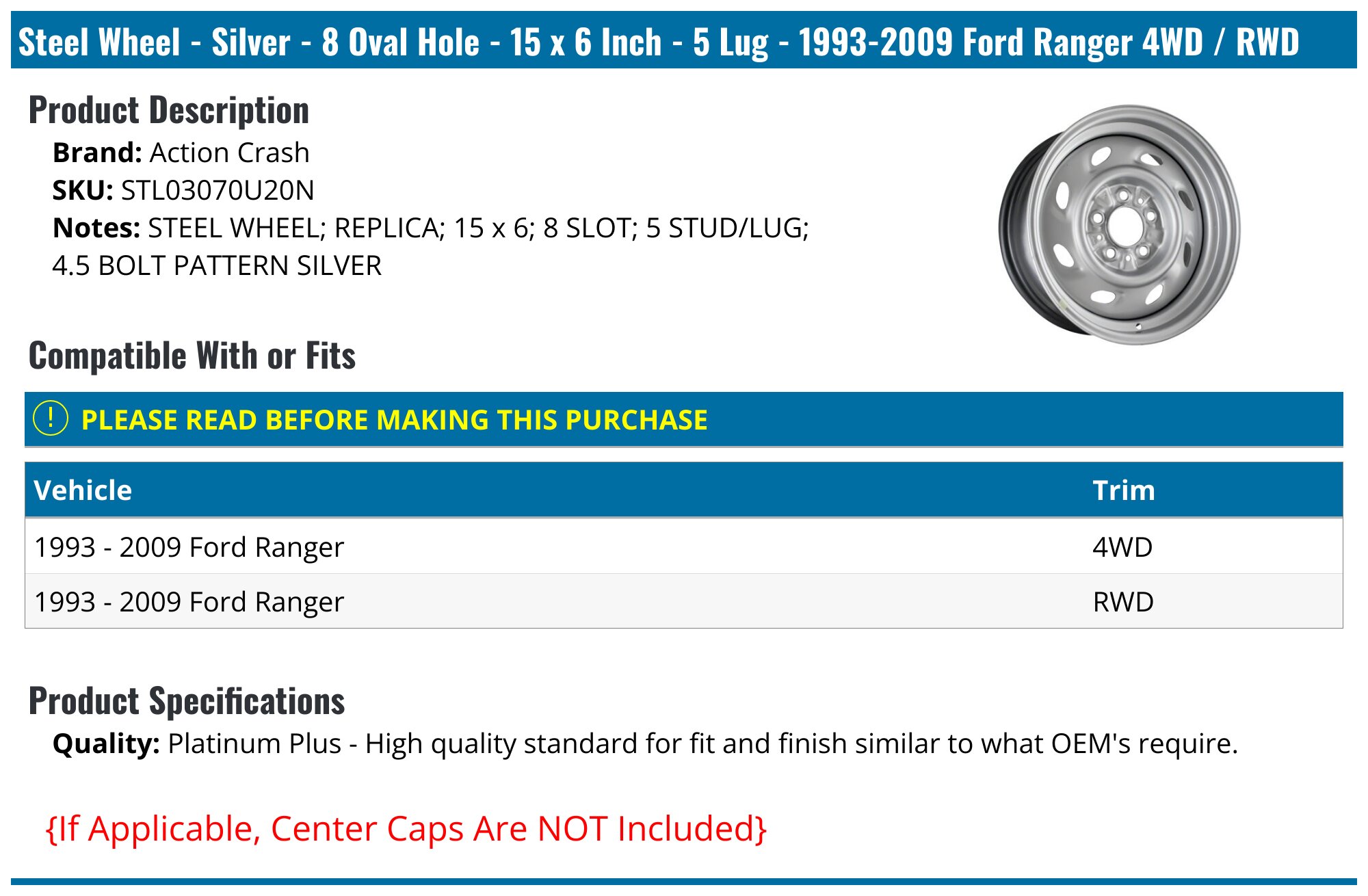 1993-2009 Ford Ranger Wheel - Action Crash STL03070U20N - PartsGeek.com