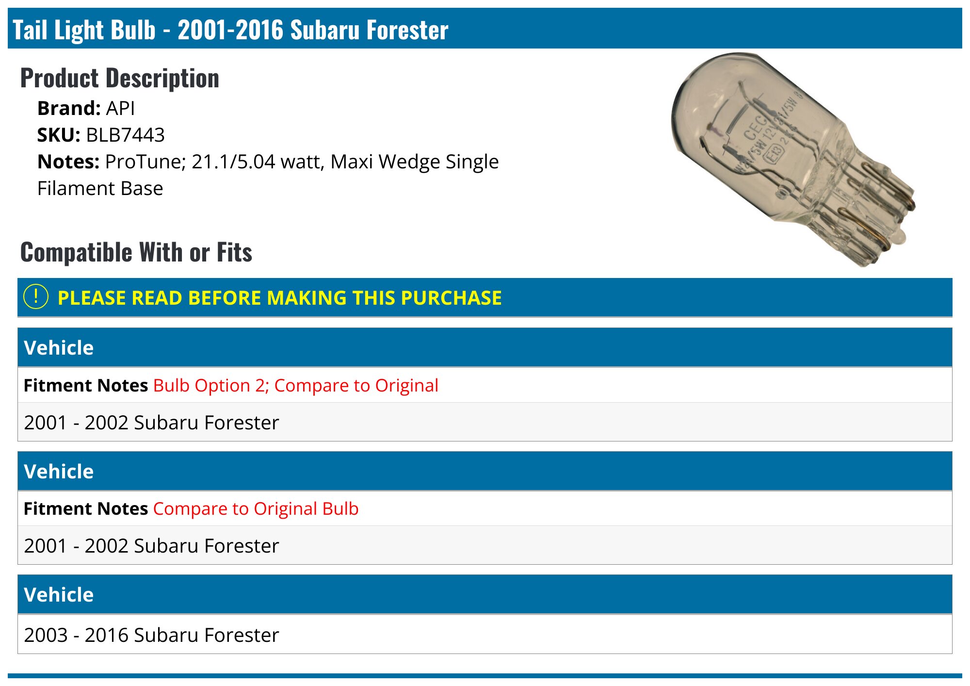 2001-2016 Subaru Forester Tail Light Bulb - API 348-07521169 ...