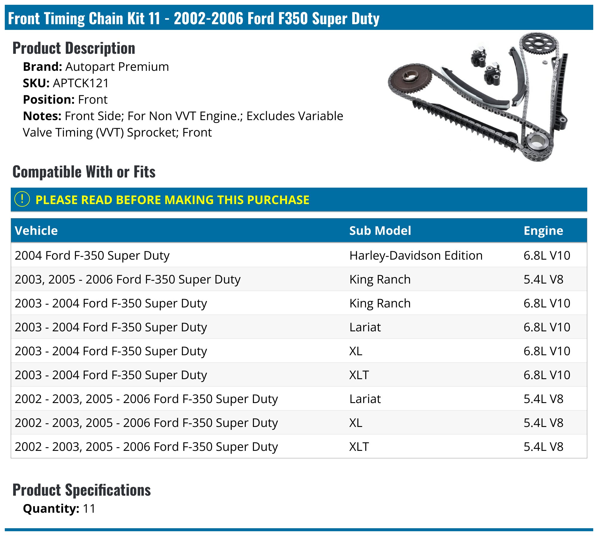 2002-2006 Ford F350 Super Duty Timing Chain - Autopart Premium APTCK121 ...