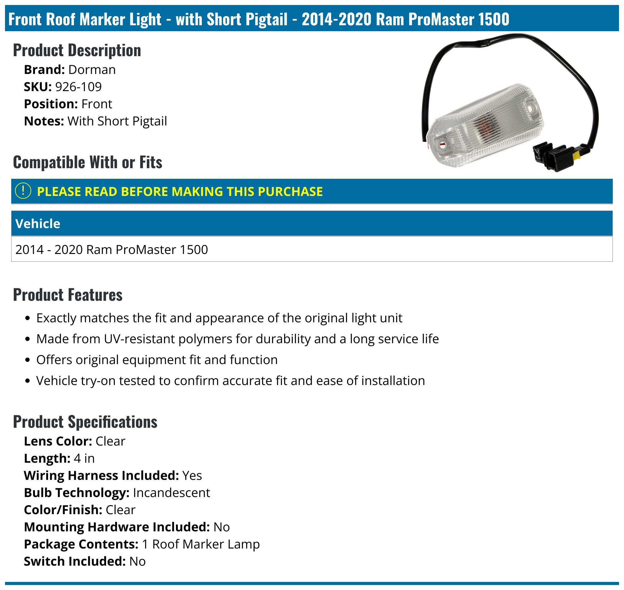 2014-2023 Ram ProMaster 1500 Roof Marker Light - Dorman 926-109 - Front ...