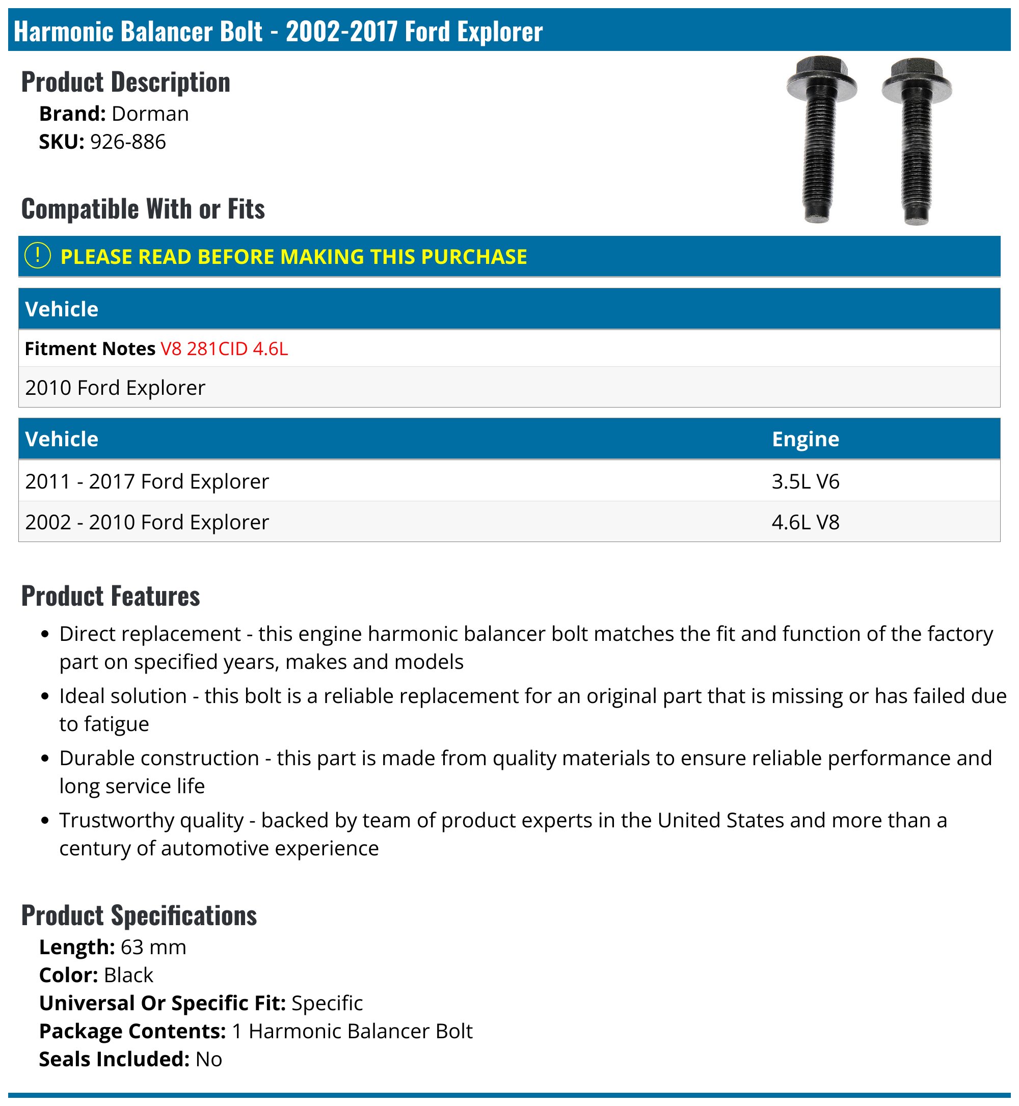 2002-2017 Ford Explorer Harmonic Balancer Bolt - Dorman 926-886 ...