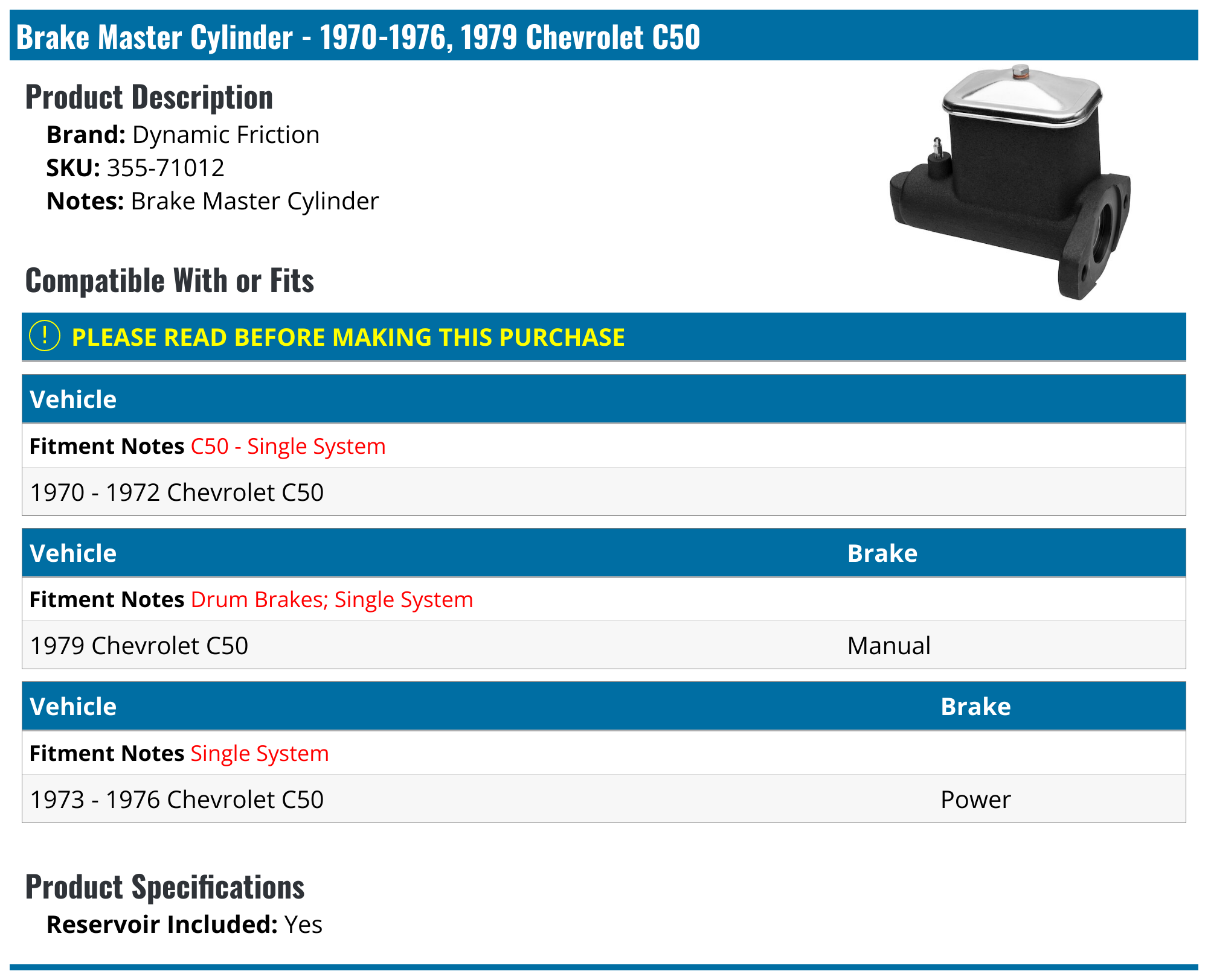 1979 Chevrolet C50 Brake Master Cylinder - Dynamic Friction 355-71012 ...
