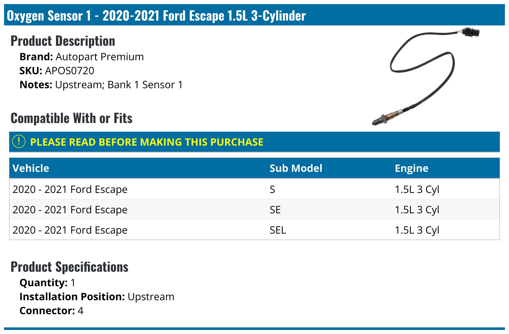 2020-2021 Ford Escape Oxygen Sensor - Autopart Premium APOS0720 ...