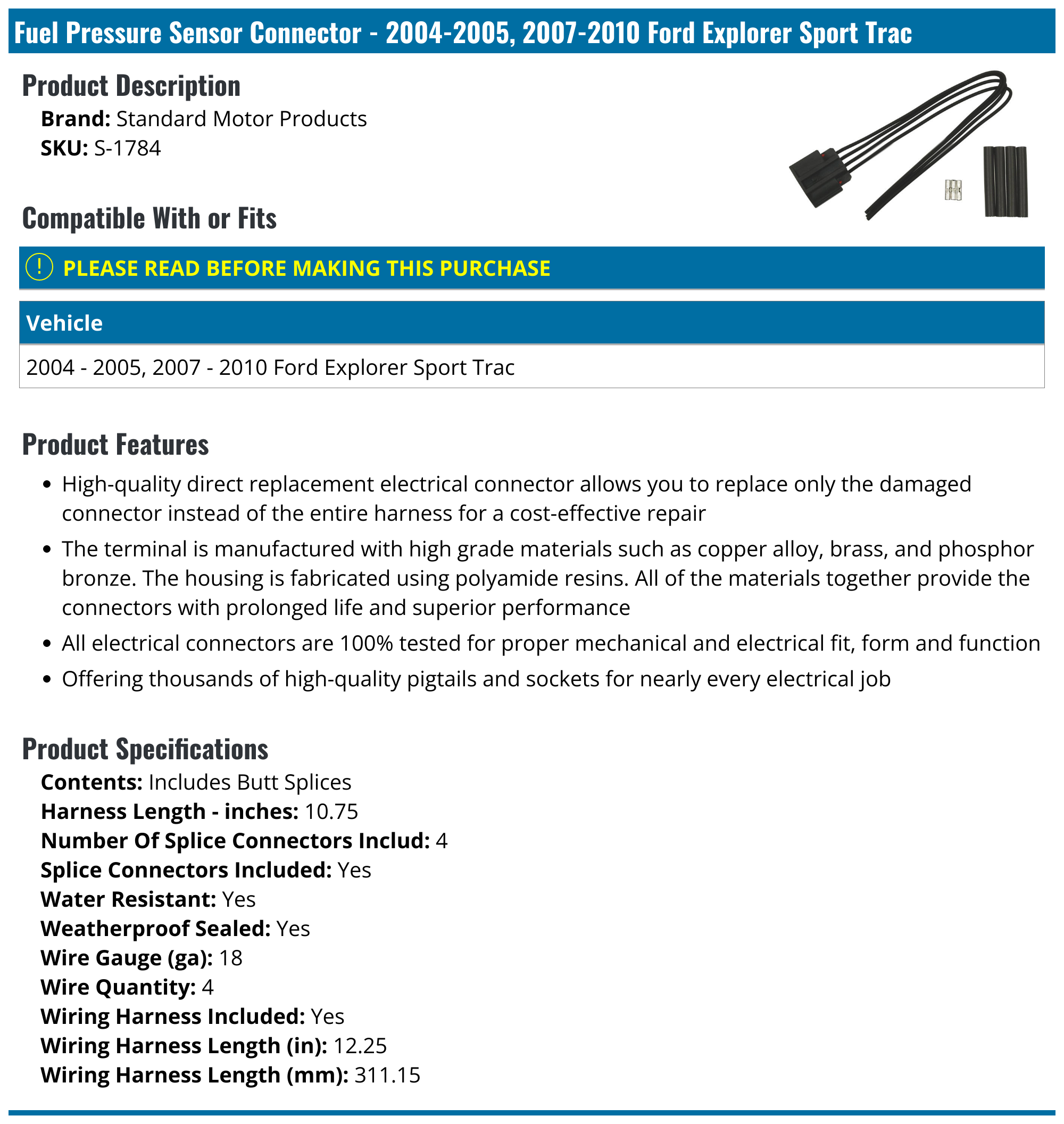 2004-2005, 2007-2010 Ford Explorer Sport Trac Fuel Pressure Sensor ...
