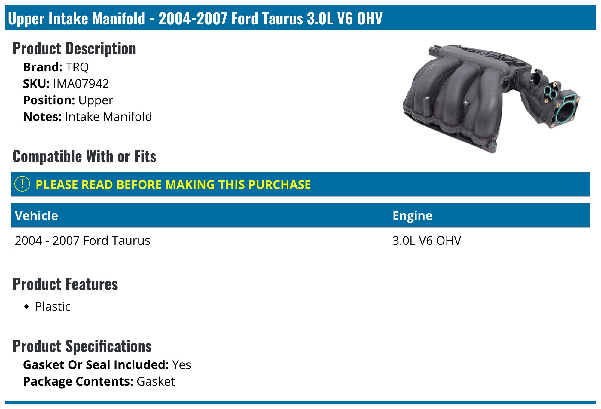 2004-2007 Ford Taurus Intake Manifold - TRQ IMA07942 - Upper ...
