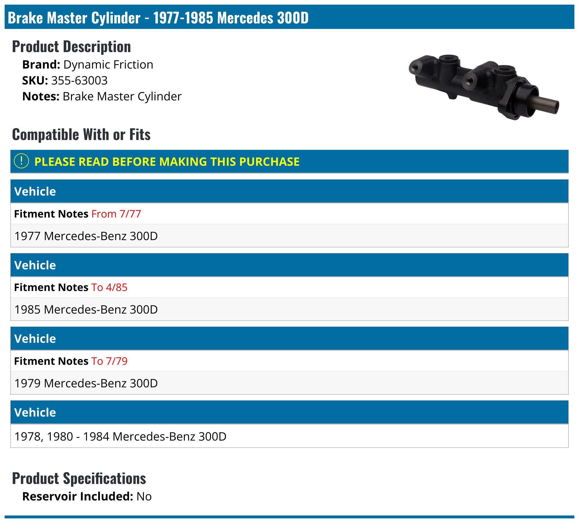 1977-1985 Mercedes 300D Brake Master Cylinder - Dynamic Friction 355 ...