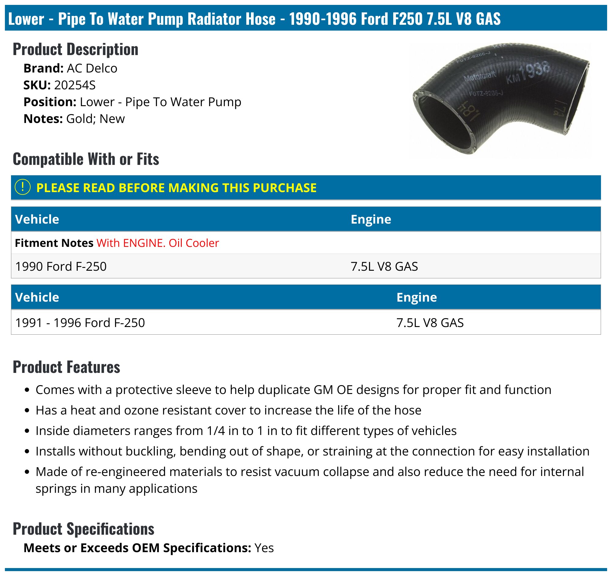 1990-1996 Ford F250 Radiator Hose - AC Delco 20254S - Lower - Pipe To ...