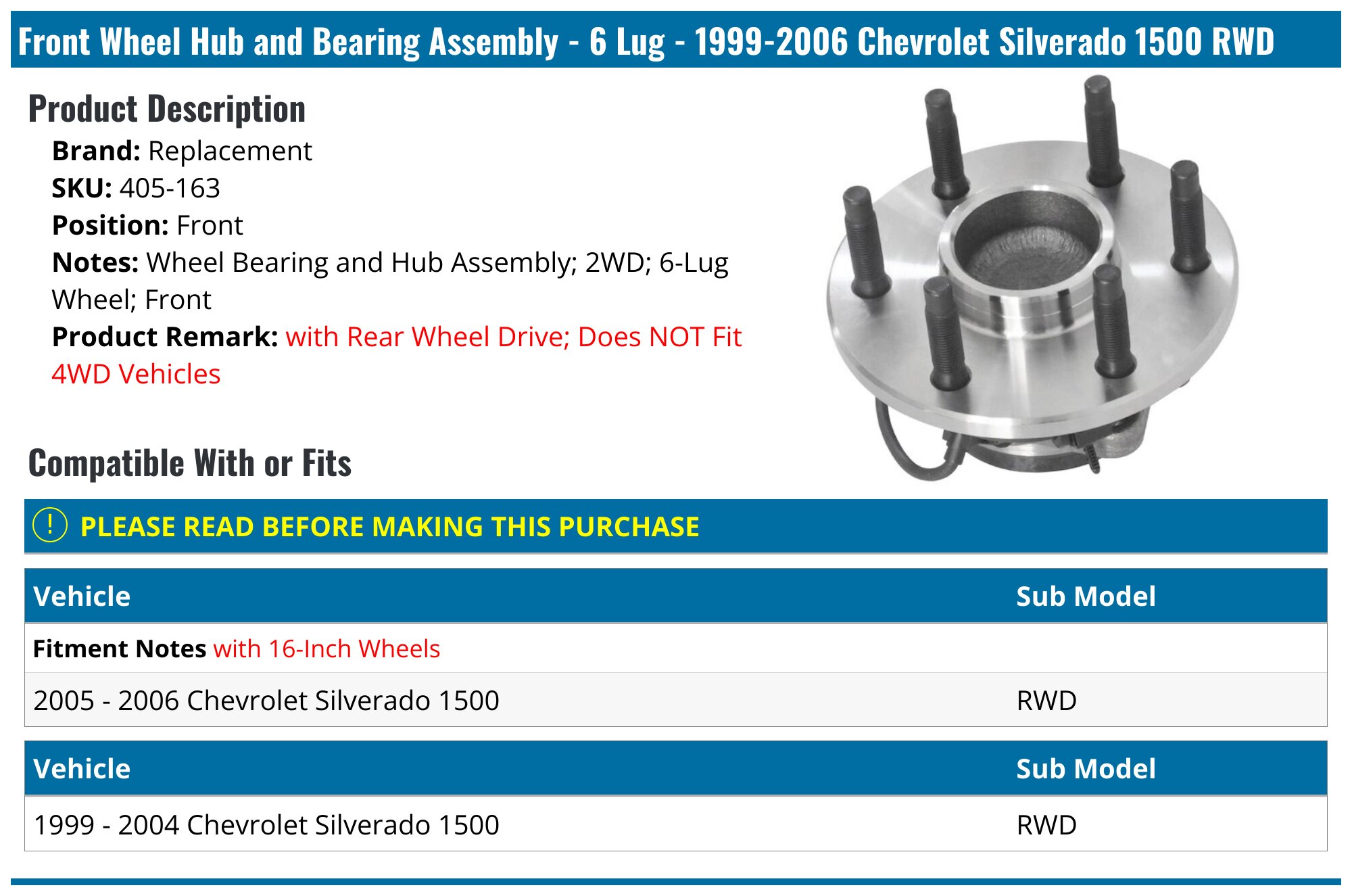 1999-2006 Chevrolet Silverado 1500 Wheel Hub Assembly - Replacement 405 ...