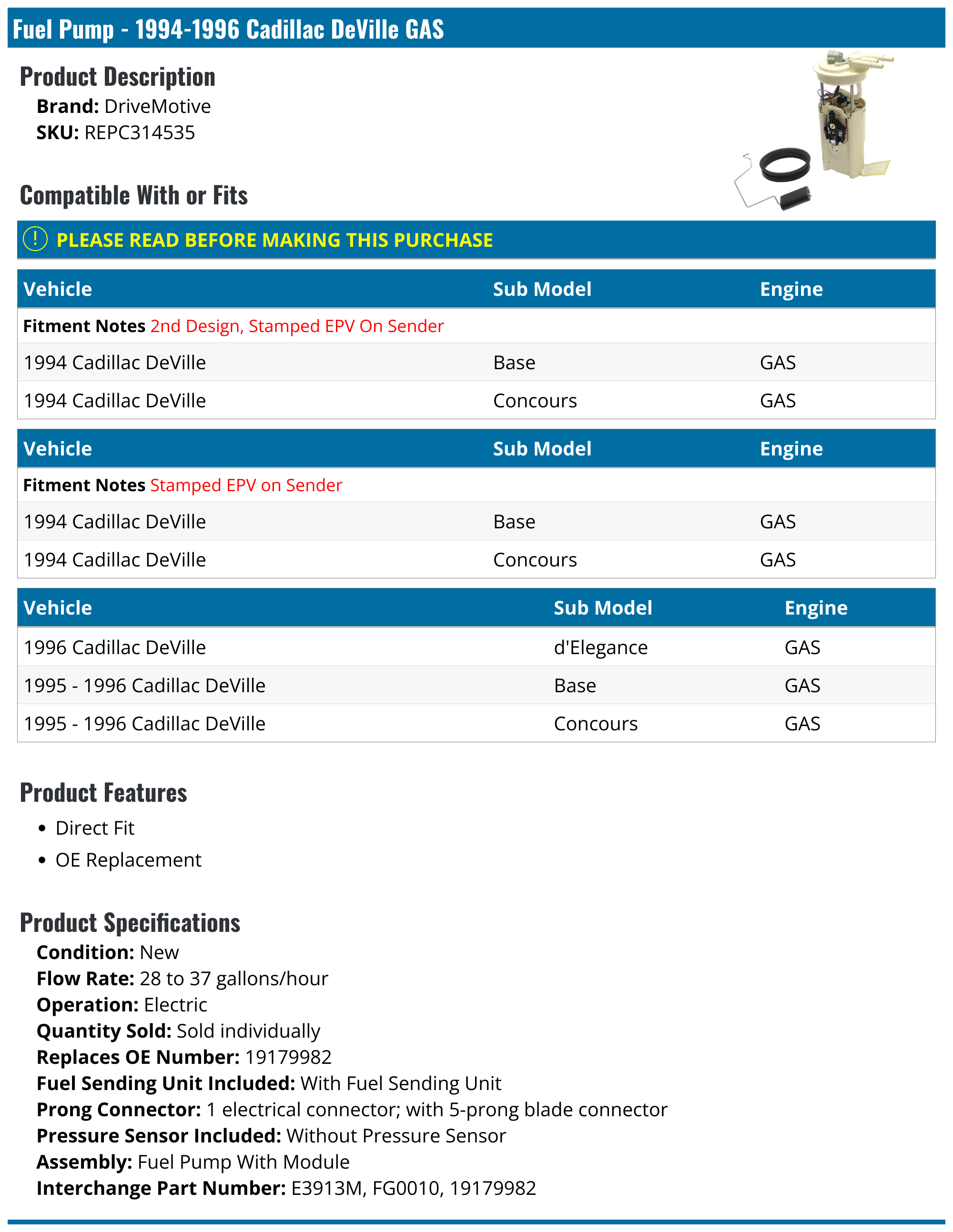 1994-1996 Cadillac DeVille Fuel Pump - DriveMotive REPC314535 ...