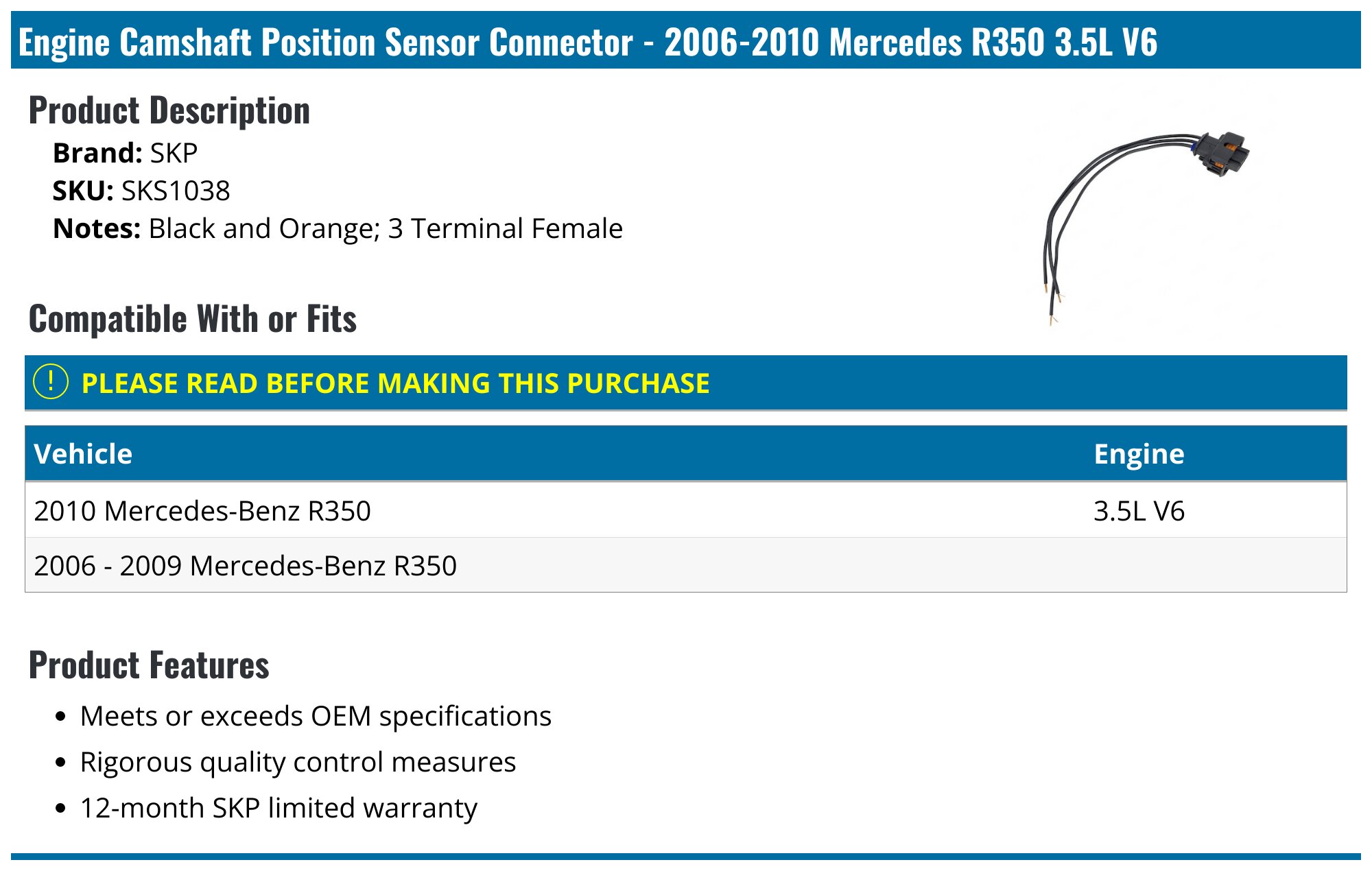 2006-2010 Mercedes R350 Engine Camshaft Position Sensor Connector - SKP ...