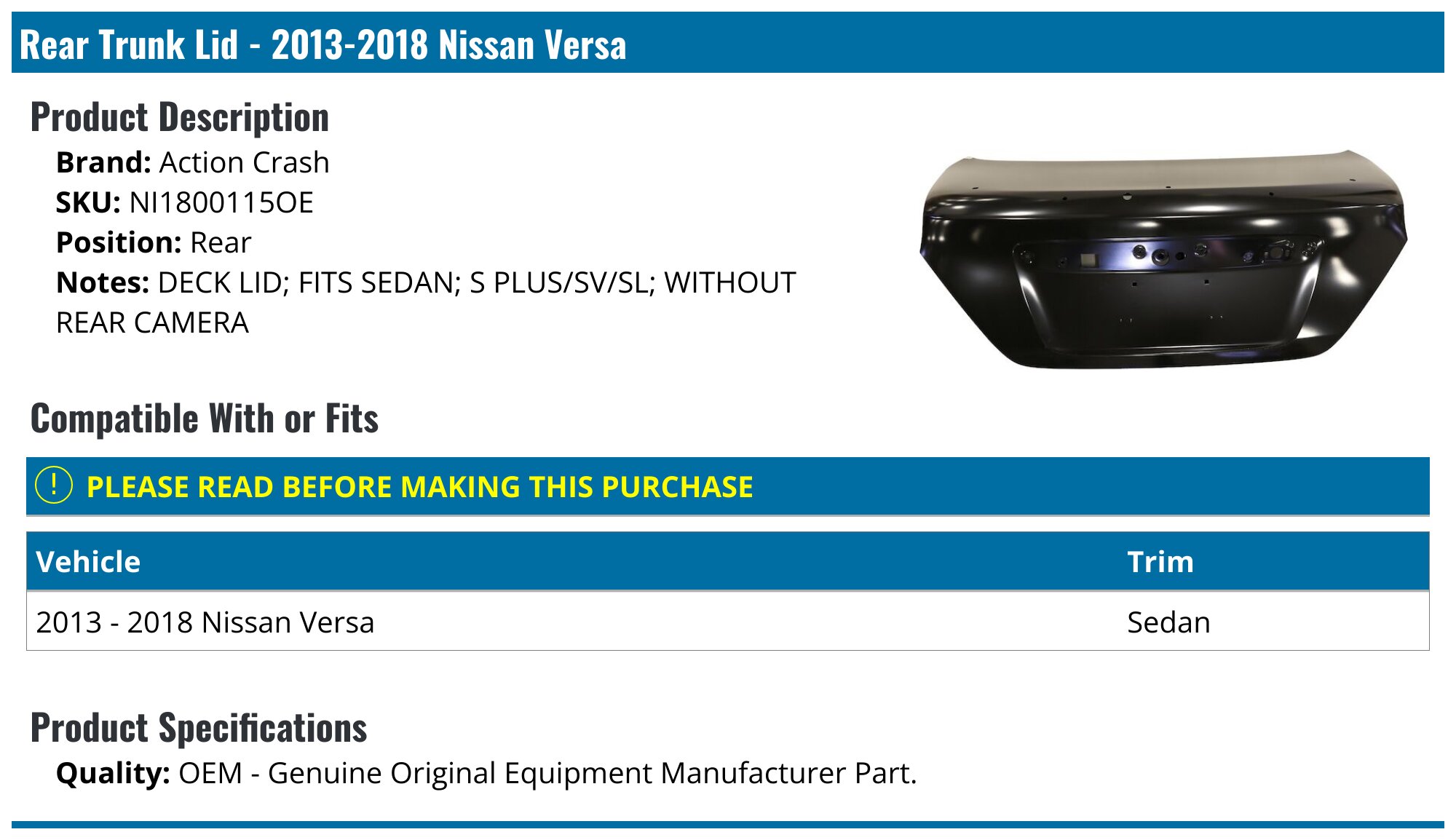 2013-2018 Nissan Versa Trunk Lid - Action Crash NI1800115OE - Rear ...
