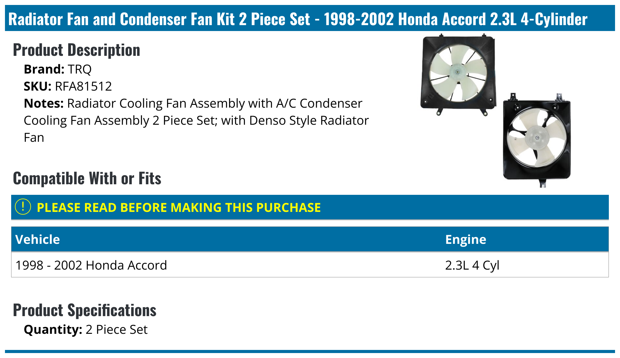 1998-2002 Honda Accord Radiator Fan Assembly - TRQ RFA81512 - PartsGeek.com