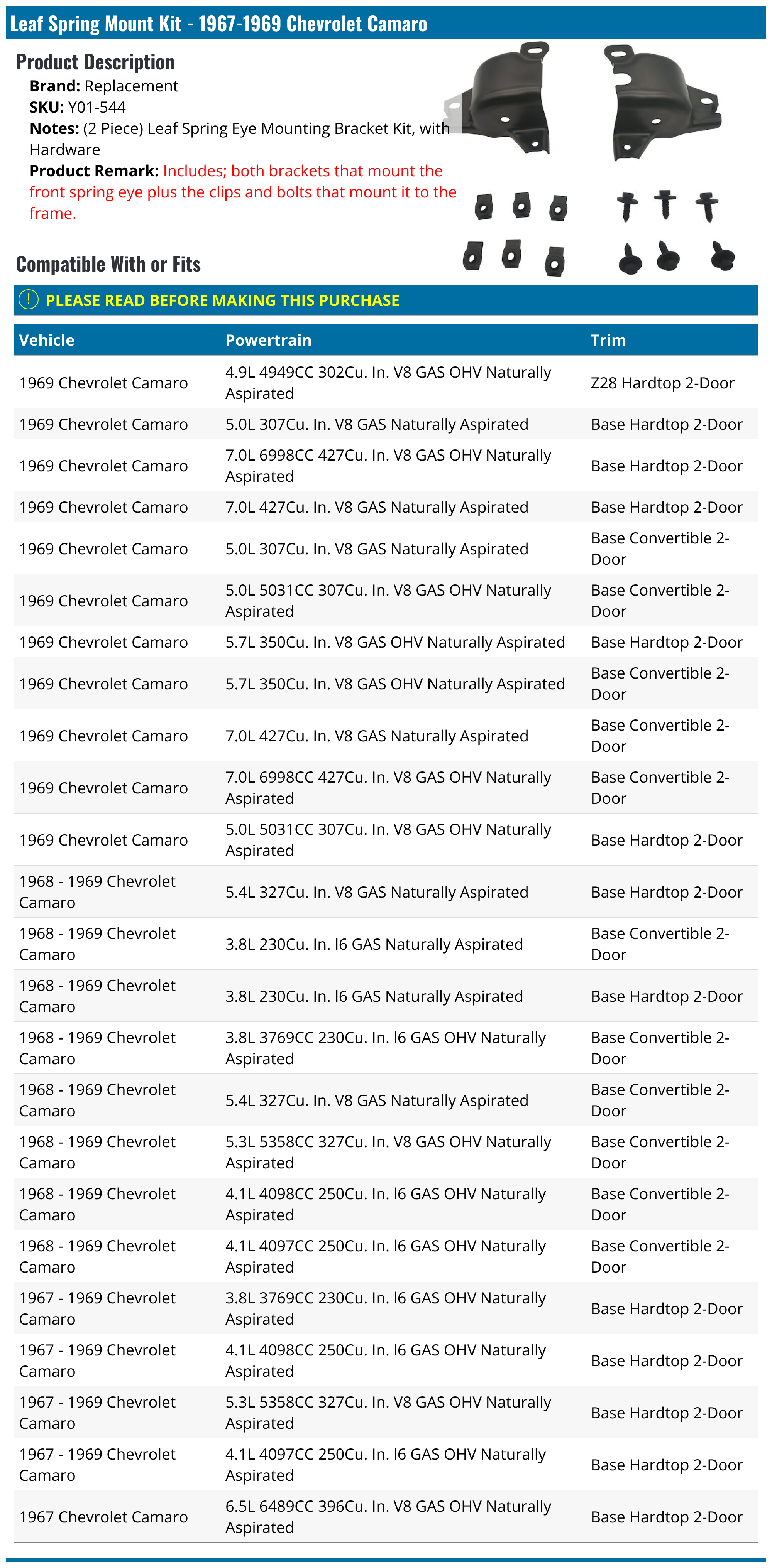 1967-1969 Chevrolet Camaro Leaf Spring Mount Kit - Replacement Y01-544 ...
