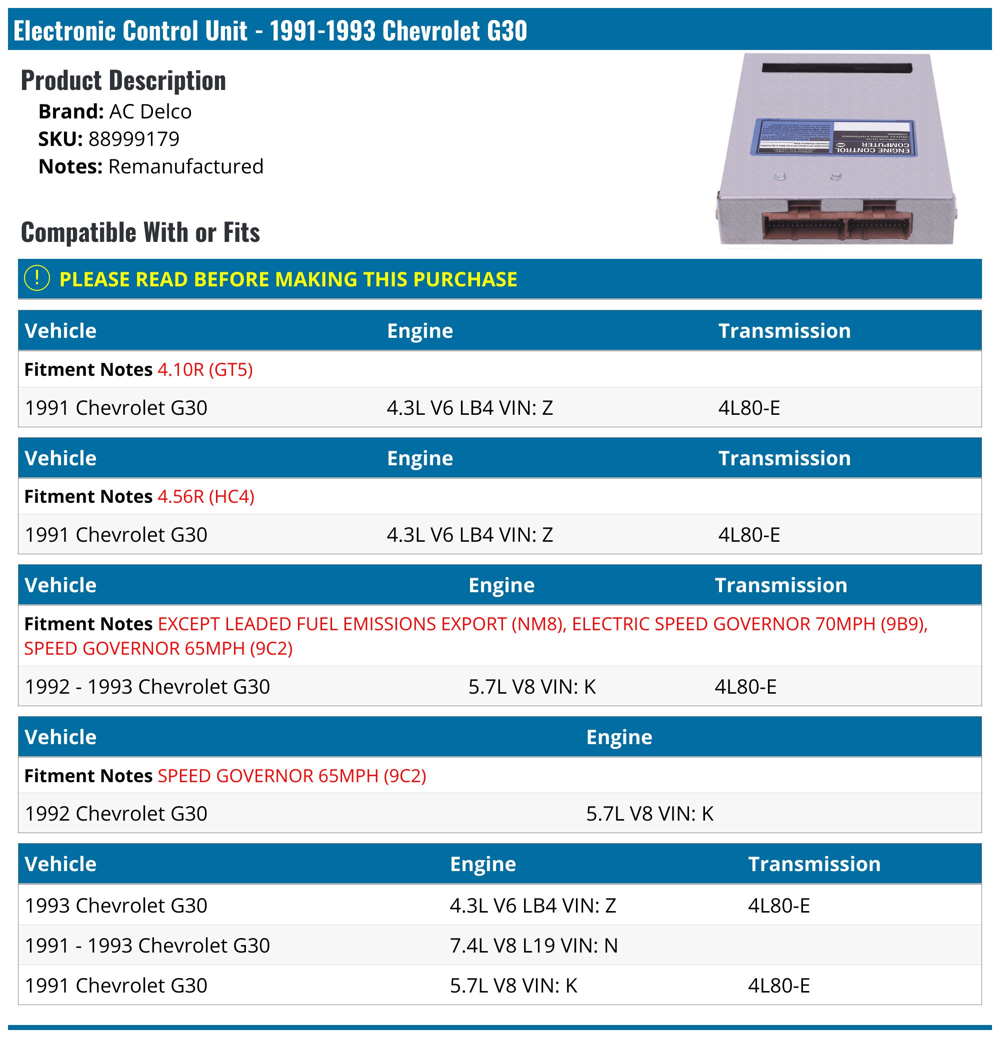 1991-1993 Chevrolet G30 Electronic Control Unit - AC Delco 88999179 ...