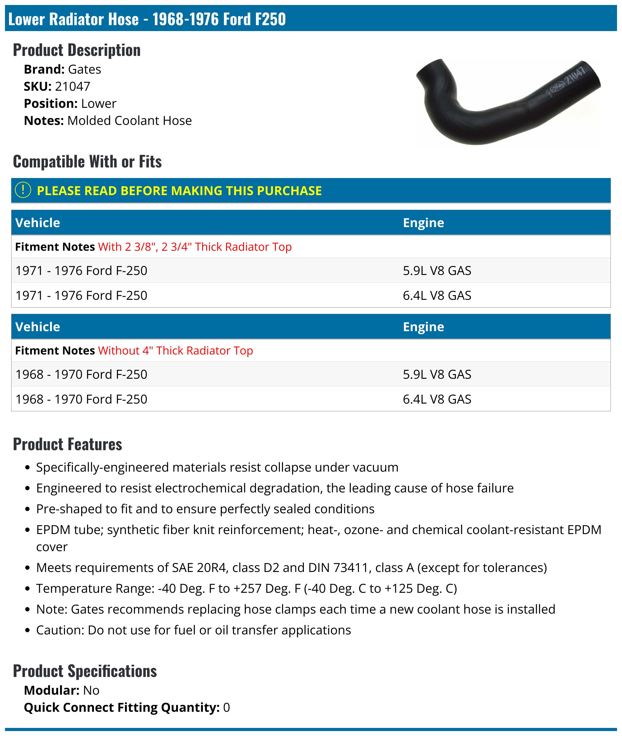 1968-1976 Ford F250 Radiator Hose - Gates 21047 - Lower - PartsGeek.com