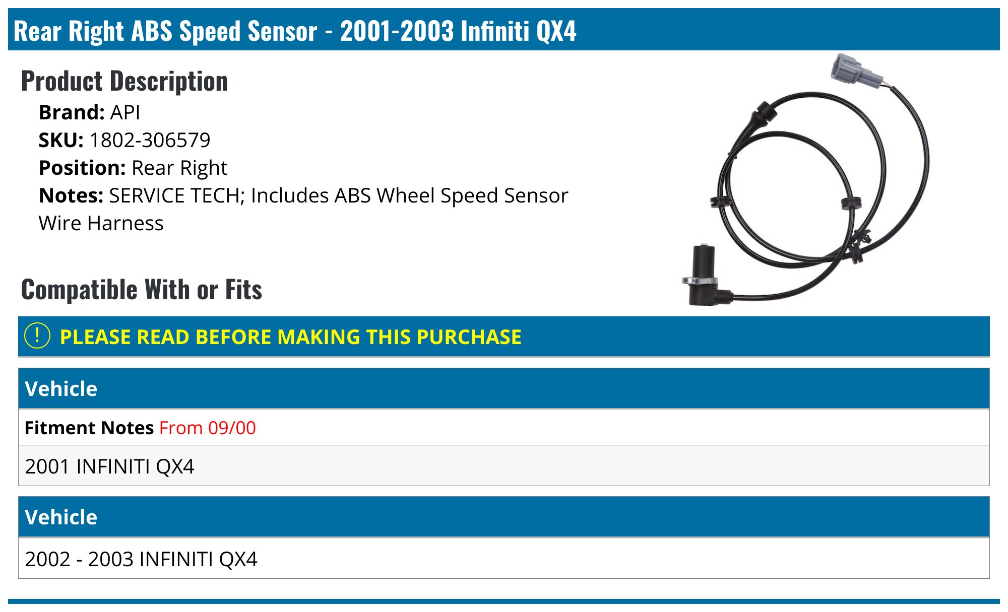 2001-2003 Infiniti QX4 ABS Speed Sensor - API 6799-02233287 - Rear ...