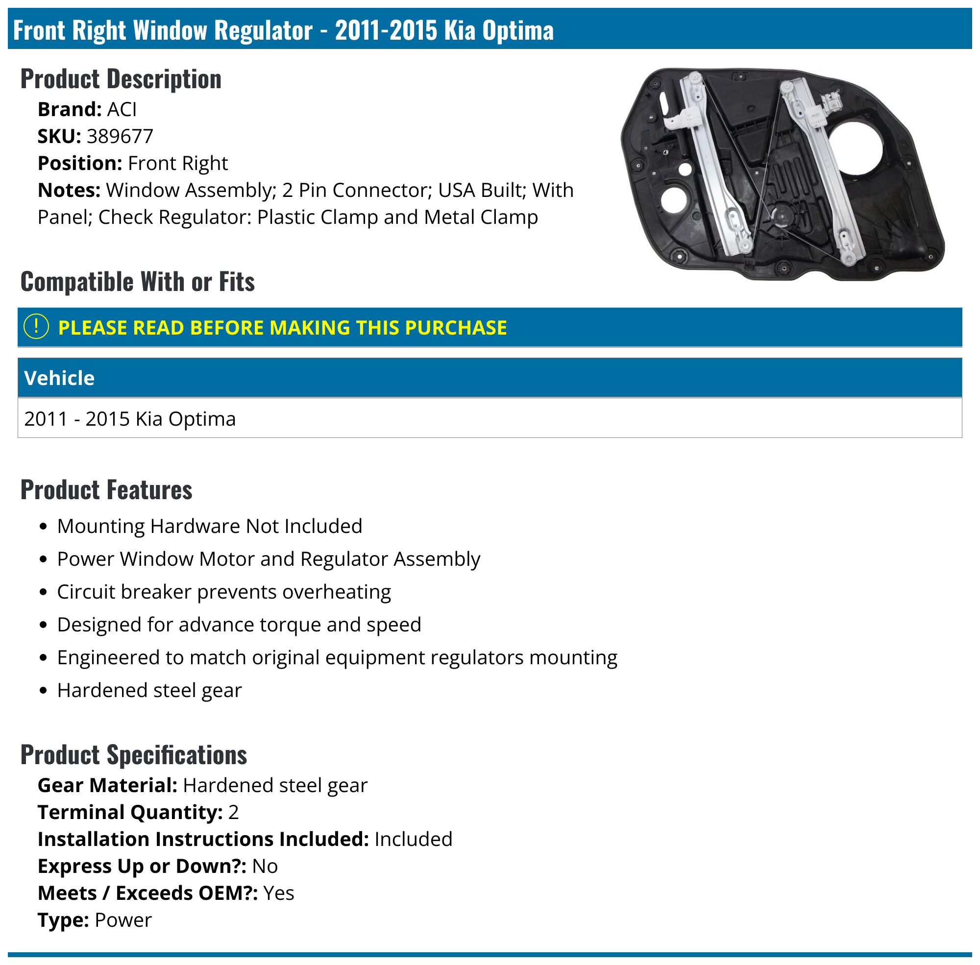 2011-2015 Kia Optima Window Regulator - ACI 389677 - Front Right ...