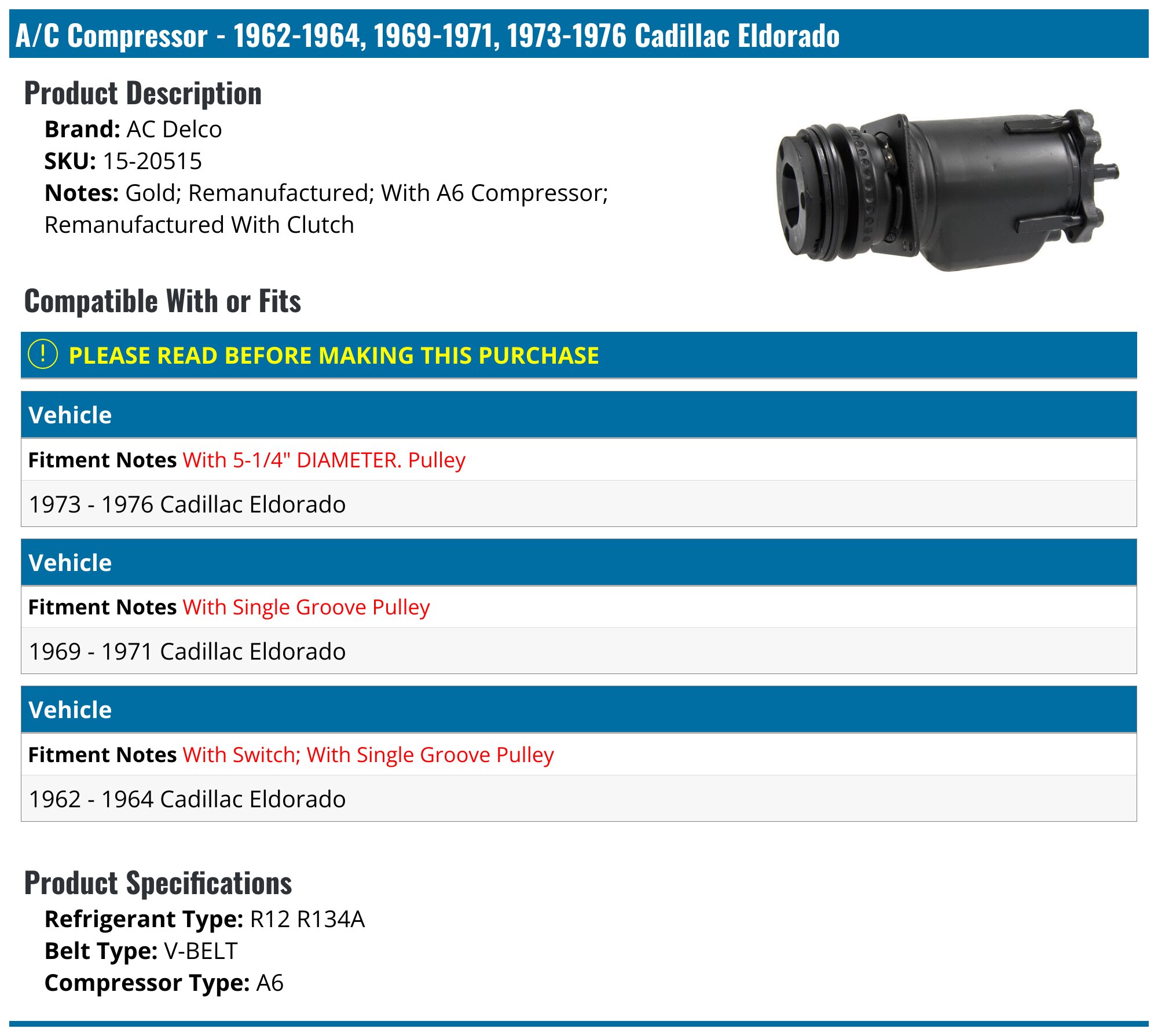 1962-1964, 1969-1971, 1973-1976 Cadillac Eldorado A/C Compressor - AC ...
