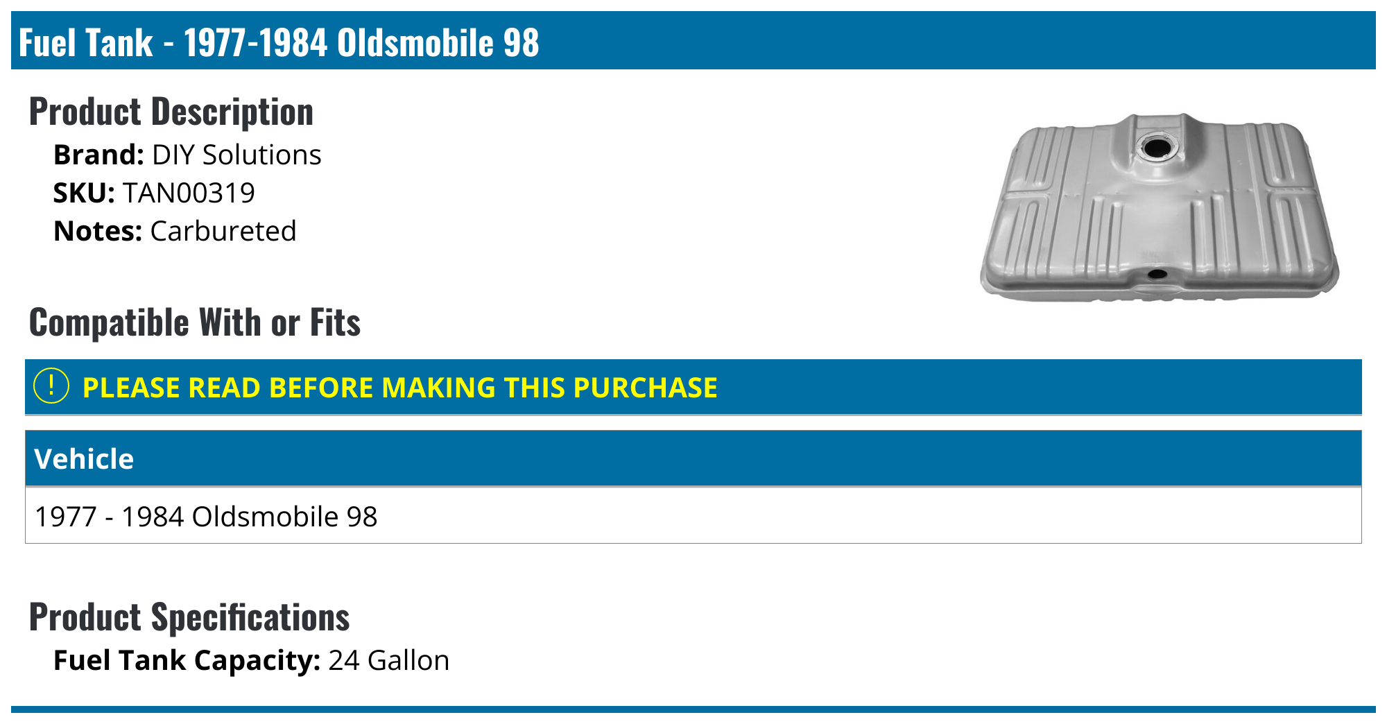 1977-1984 Oldsmobile 98 Fuel Tank - DIY Solutions TAN00319 ...