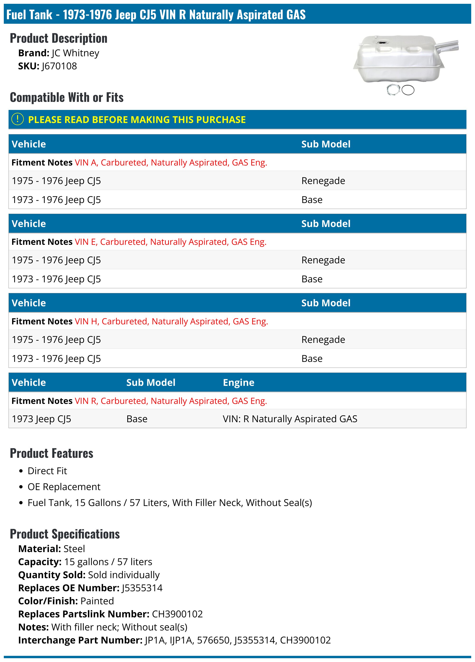 1973-1976 Jeep CJ5 Fuel Tank - JC Whitney J670108 - PartsGeek.com