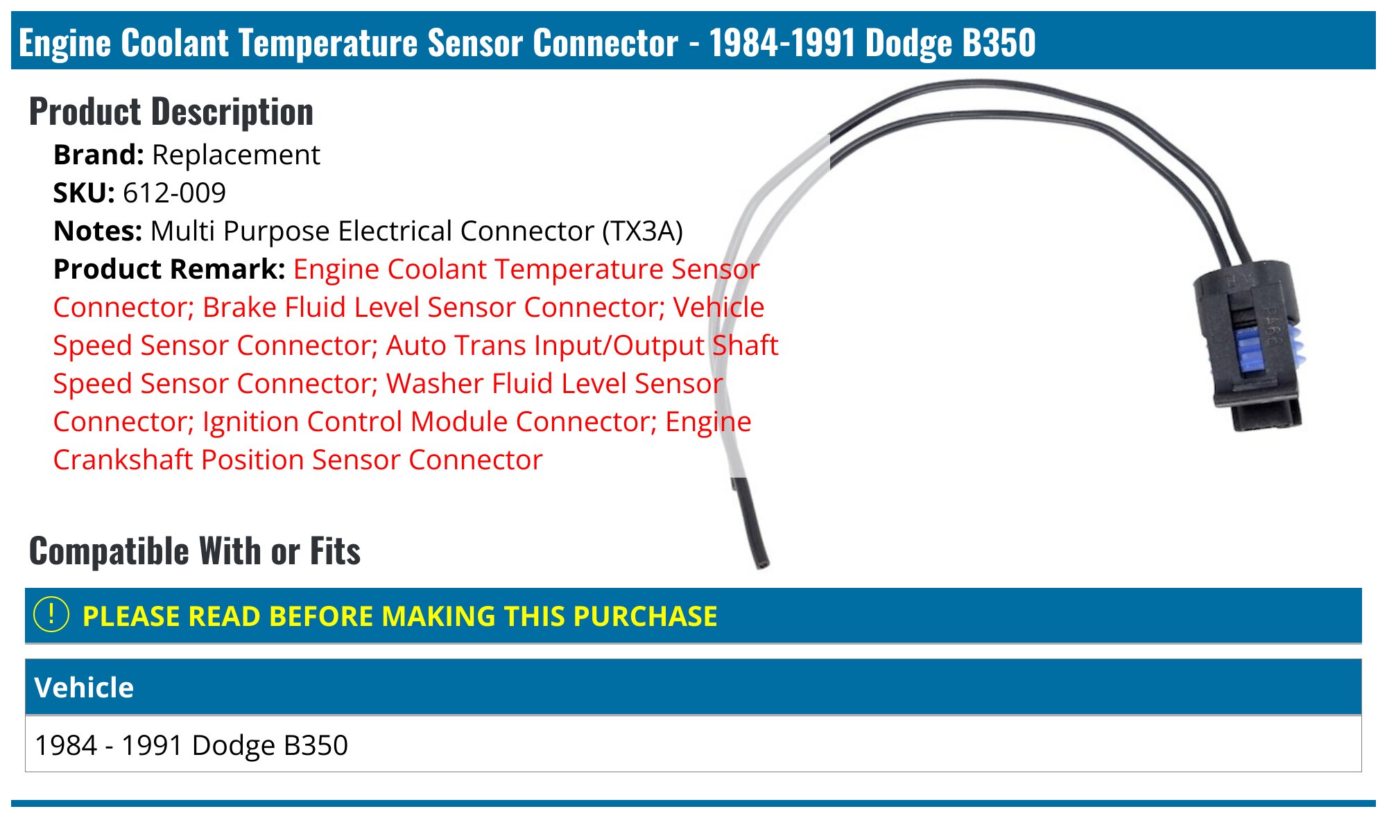 1984-1991 Dodge B350 Engine Coolant Temperature Sensor Connector ...