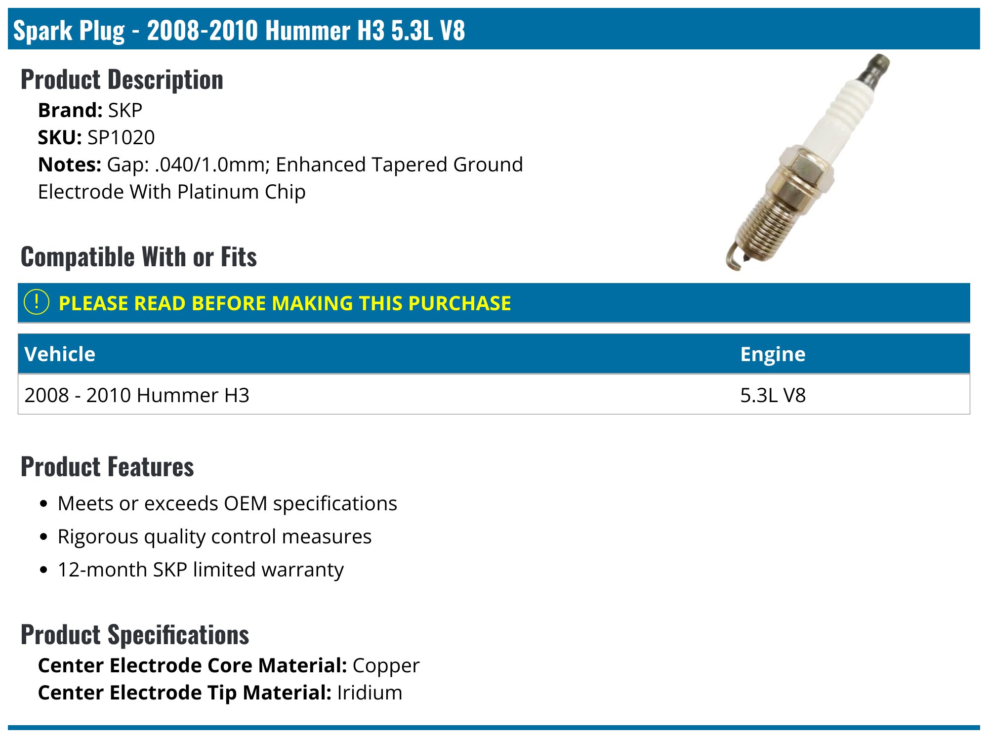 2008-2010 Hummer H3 Spark Plug - SKP SP1020 - PartsGeek.com
