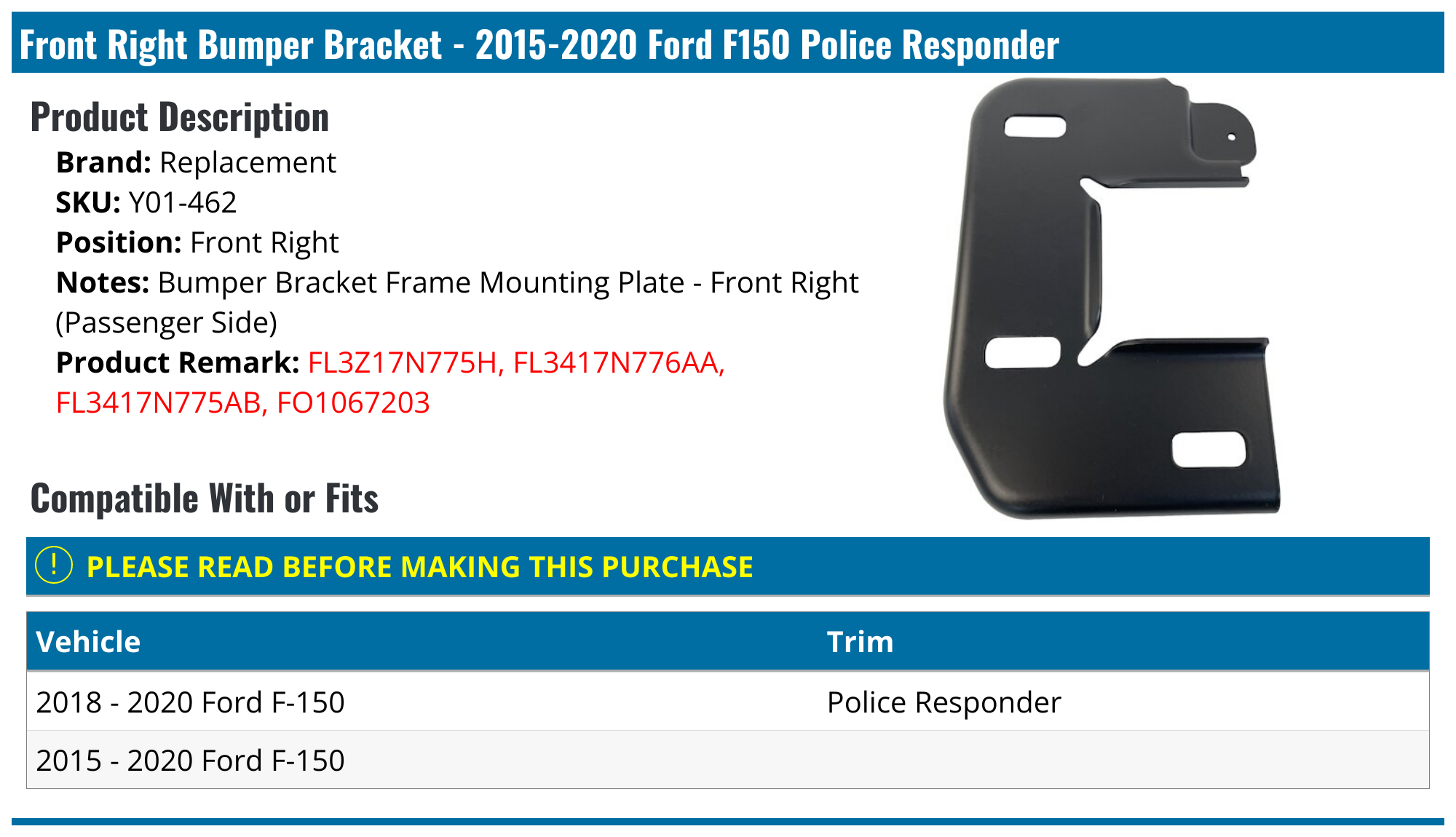2015-2020 Ford F150 Bumper Bracket - Replacement Y01-462 - Front Right ...