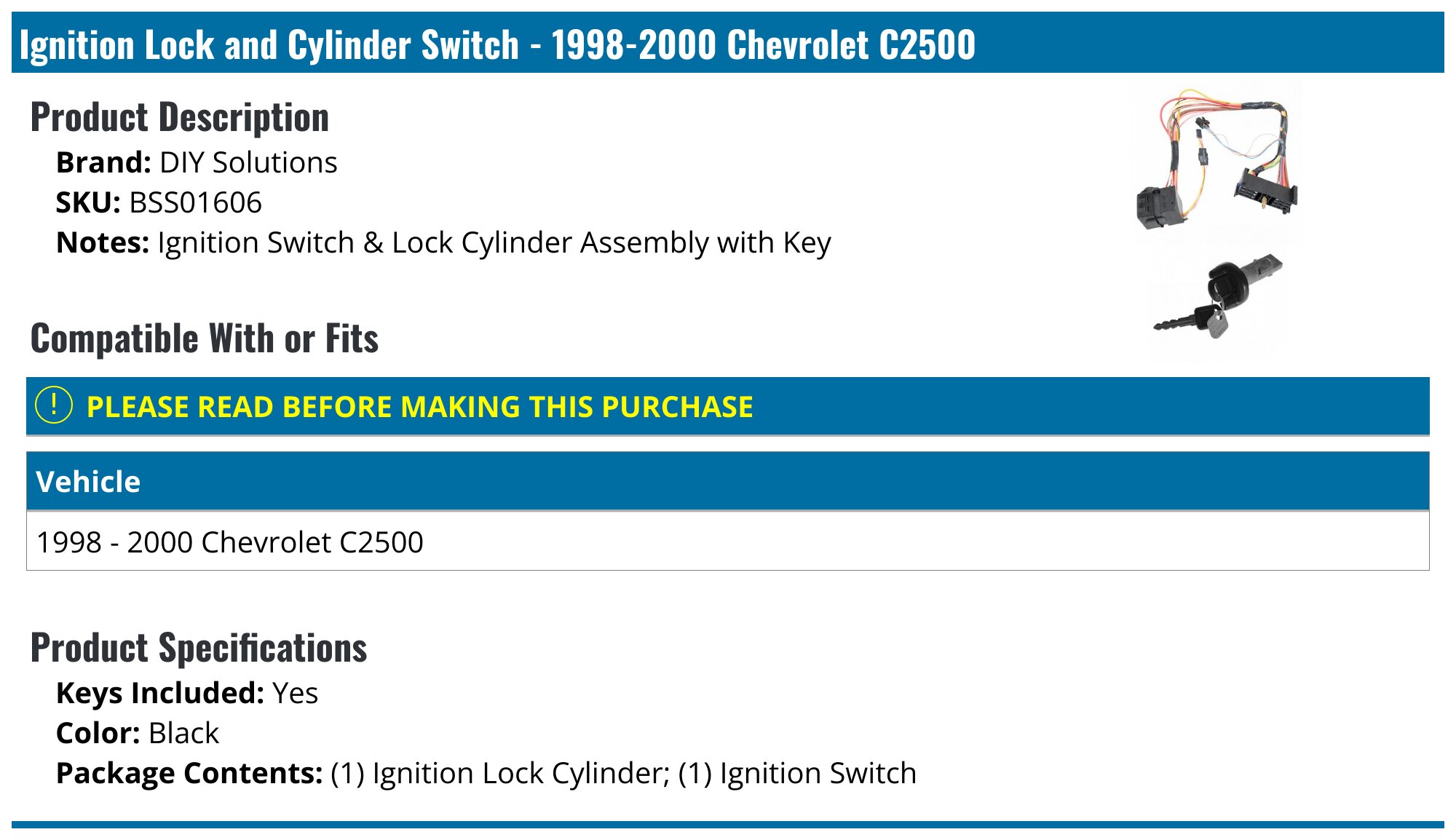 1998-2000 Chevrolet C2500 Ignition Switch - DIY Solutions BSS01606 ...