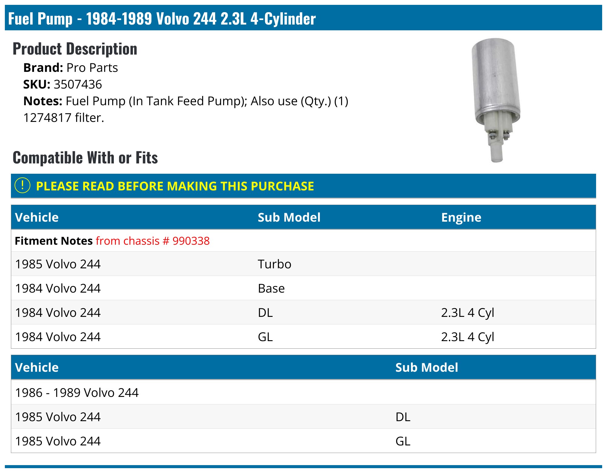 1984-1989 Volvo 244 Fuel Pump - Pro Parts 3507436 - PartsGeek.com