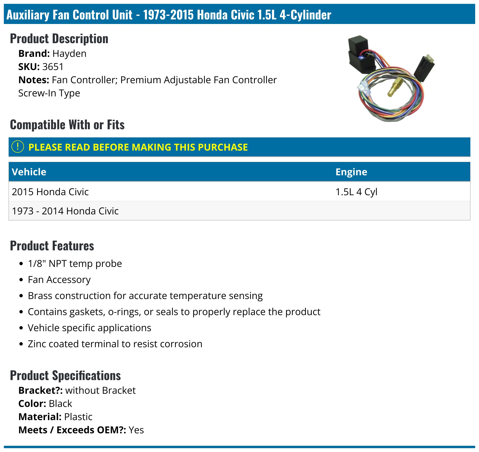 1973-2015 Honda Civic Auxiliary Fan Control Unit - Hayden 3651 ...
