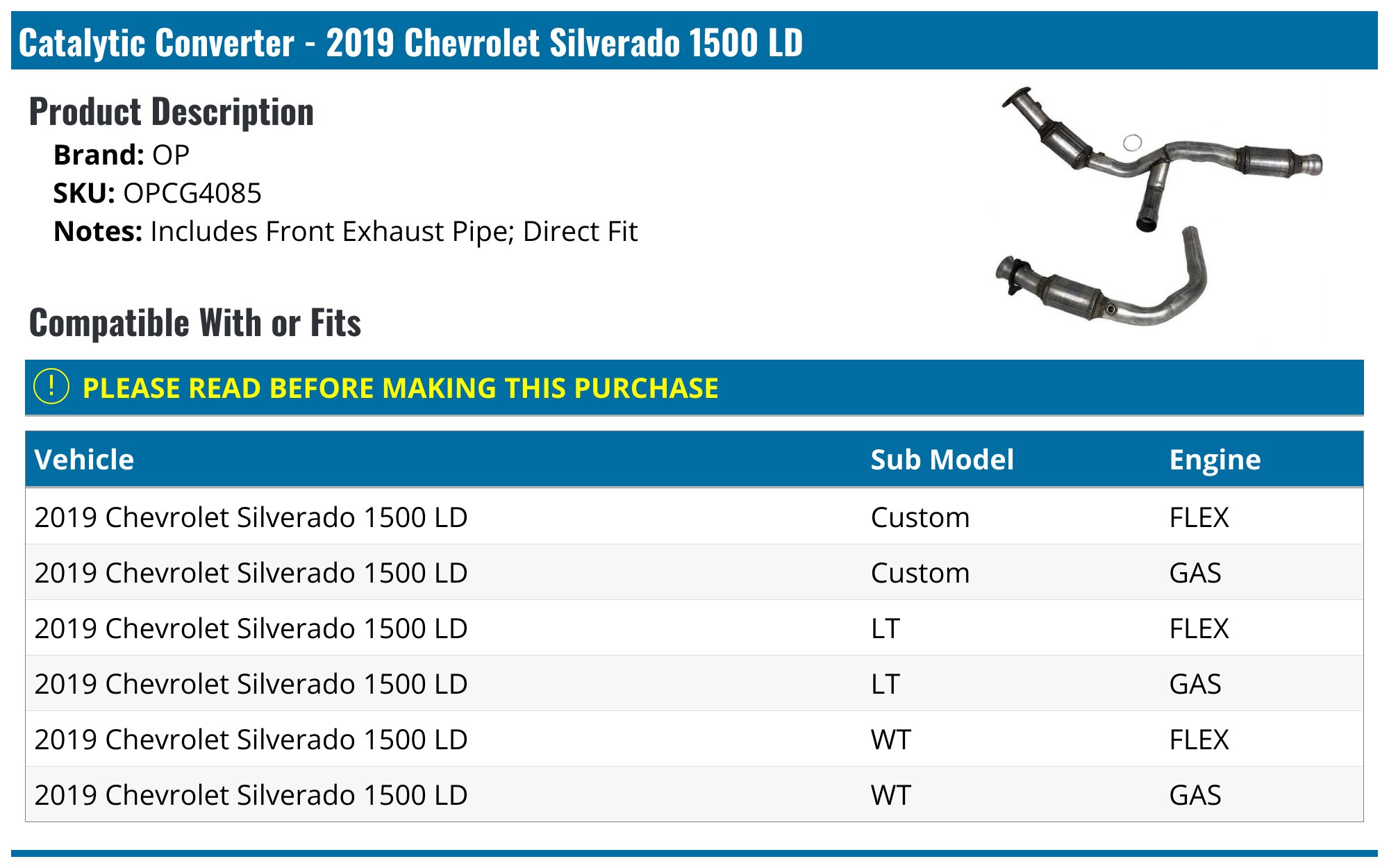 2019 Chevrolet Silverado 1500 LD Catalytic Converter - OP OPCG4085 ...